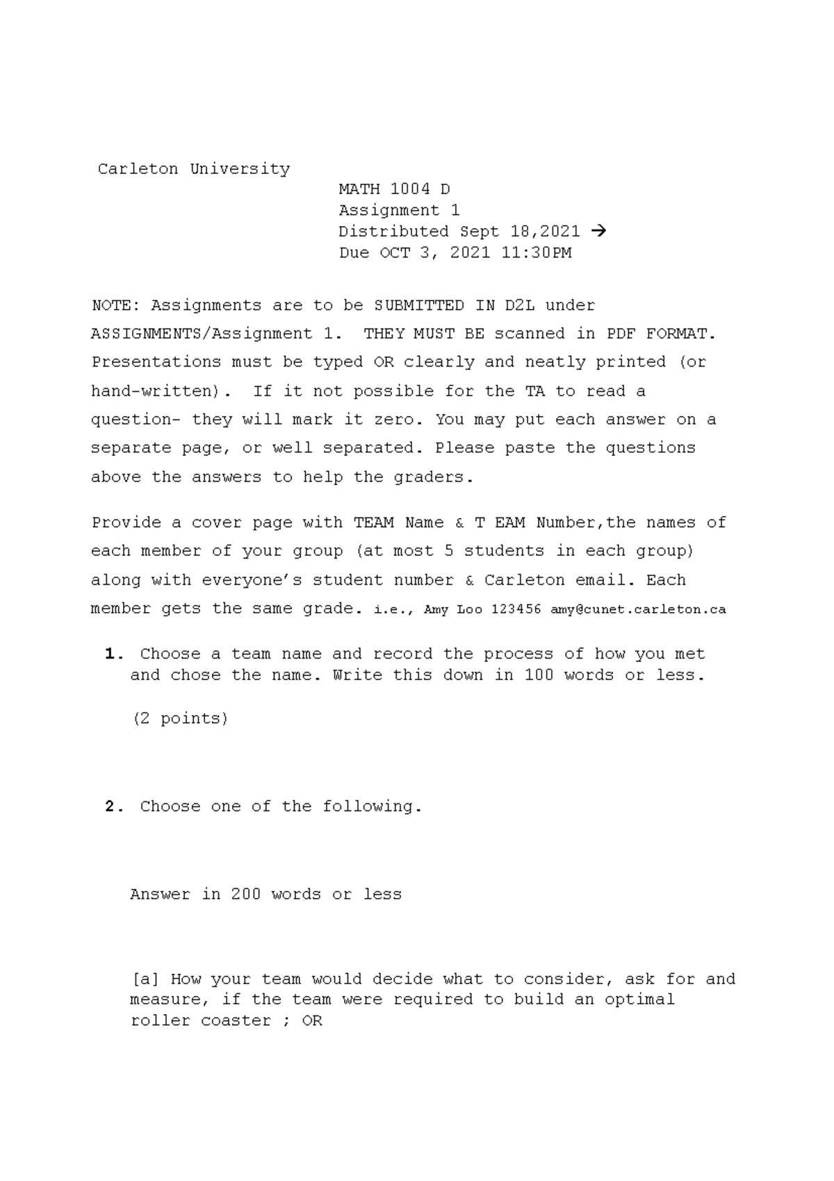 Assignment 1-1004-2021 - Carleton University MATH 1004 D Assignment 1 ...