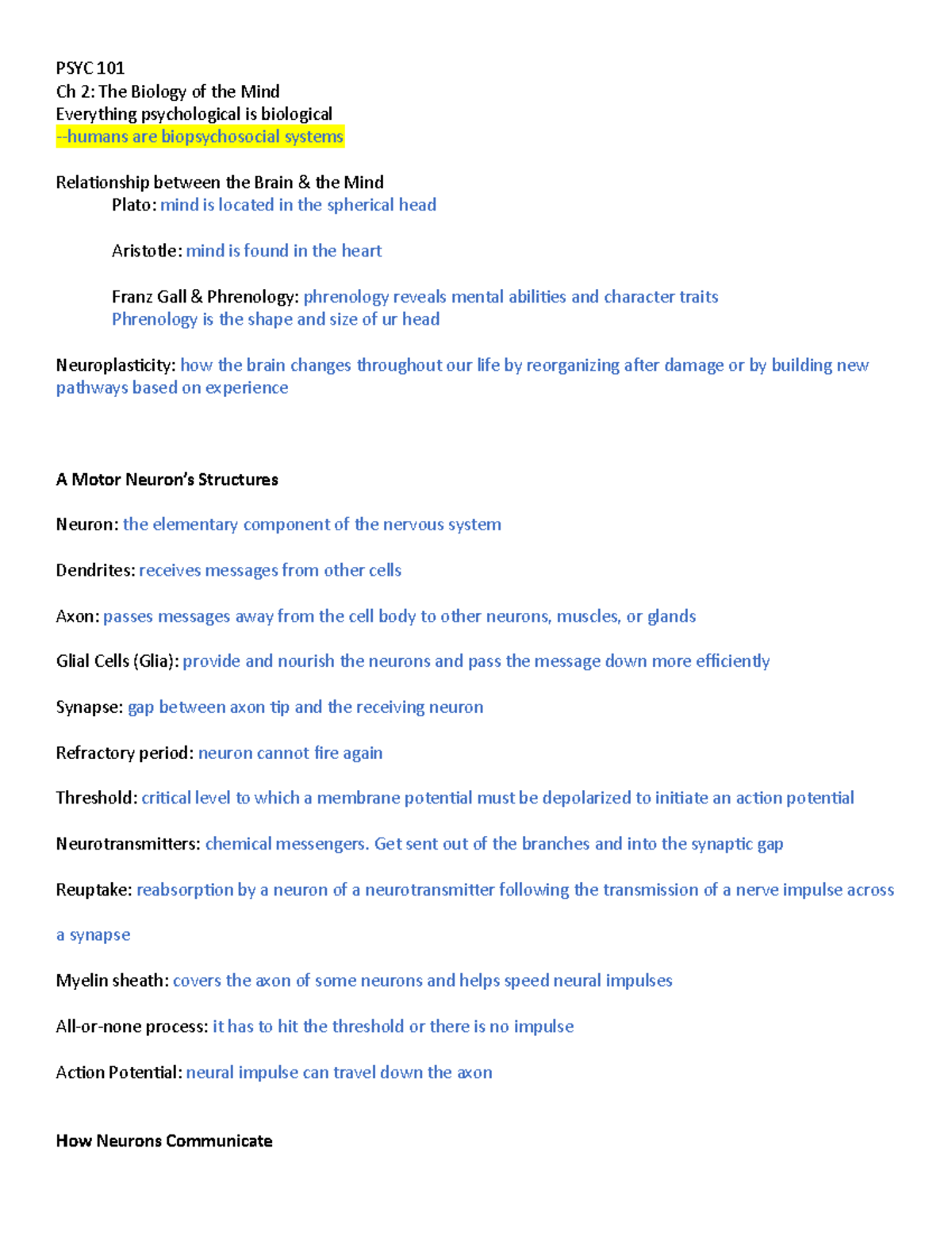 Ch 2 biology of mind - Ch 2: The Biology of the Mind Everything ...