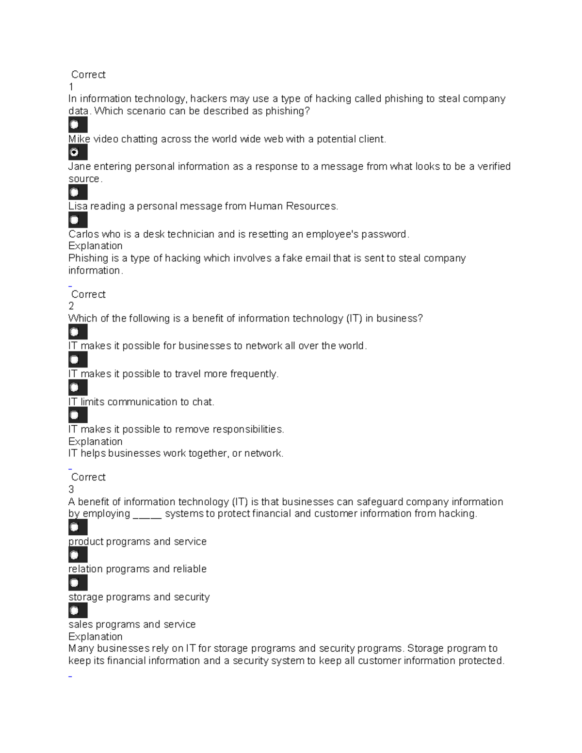 Intro to IT - all quizzes answer - Correct 1 In information technology ...