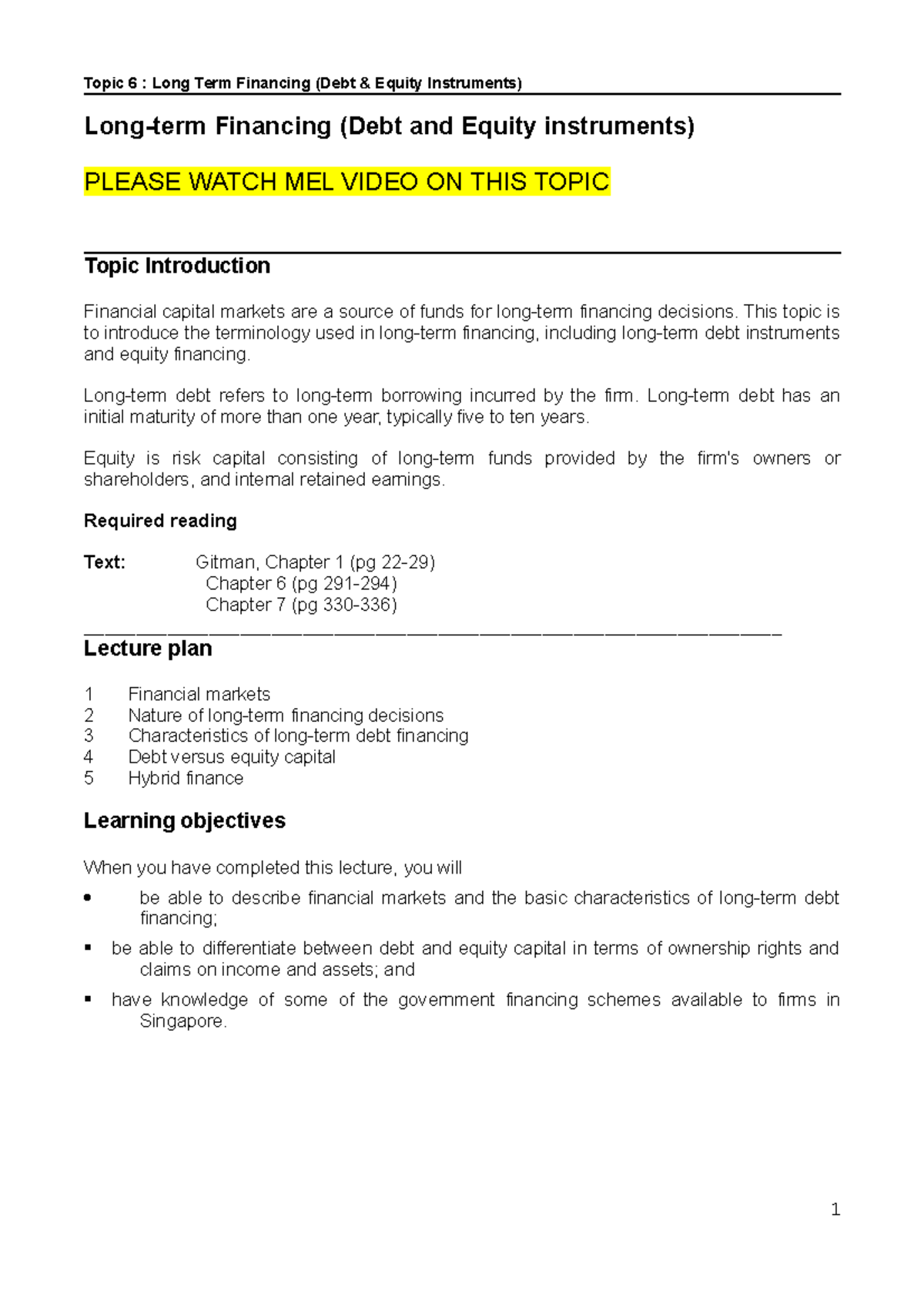 Topic 6 - Long-term Financing (lecture notes) - Long-term Financing ...