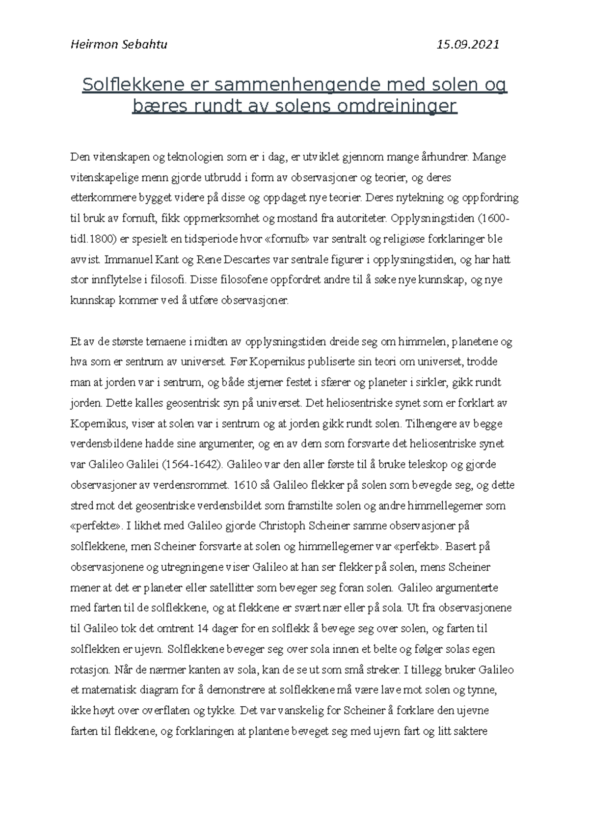 Solflekkene av Galileo: en analyserende tekst i Exphil - Heirmon Sebahtu 15.09 021 Solflekkene ...