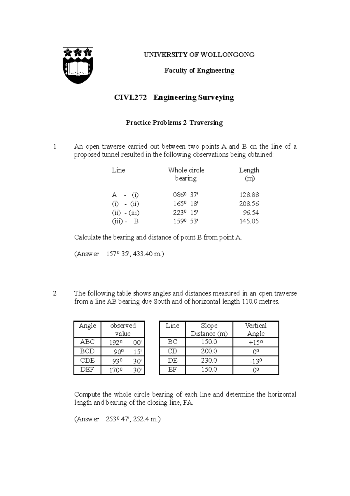 Sample/practice exam 13 July 2019, questions - UNIVERSITY OF WOLLONGONG Faculty of Engineering ...