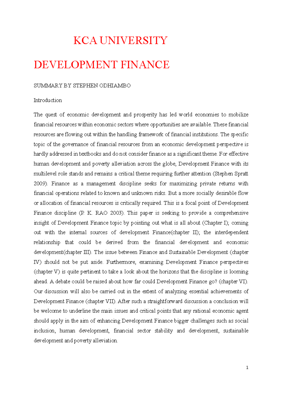 Developmental Finance doc - KCA UNIVERSITY DEVELOPMENT FINANCE SUMMARY ...