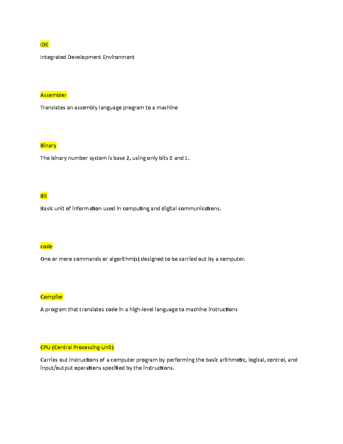 Studyset 1 - CSCI1923. - IDE Integrated Development Environment ...