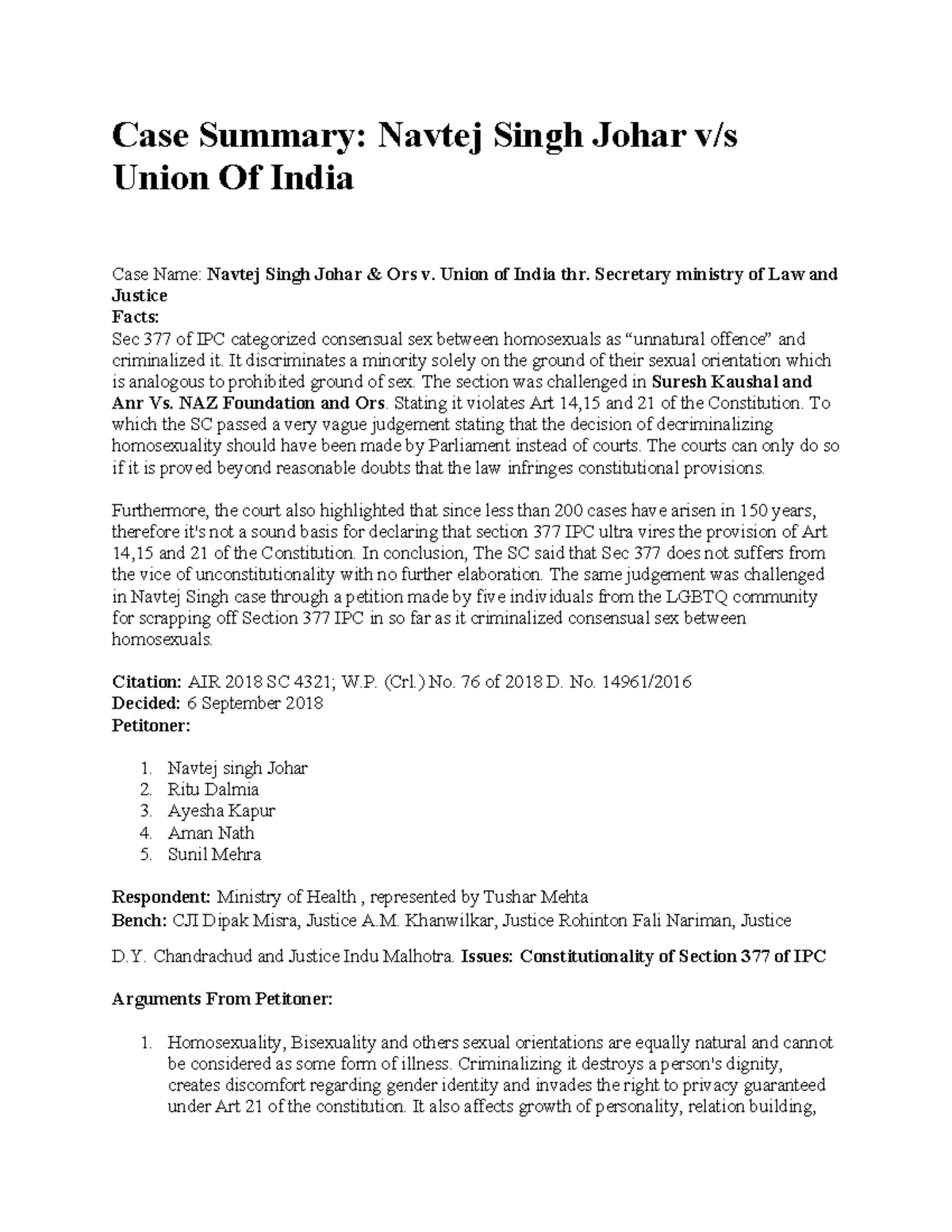 Case Summary Navtej Singh Johar vs Union Of India - Case Summary ...