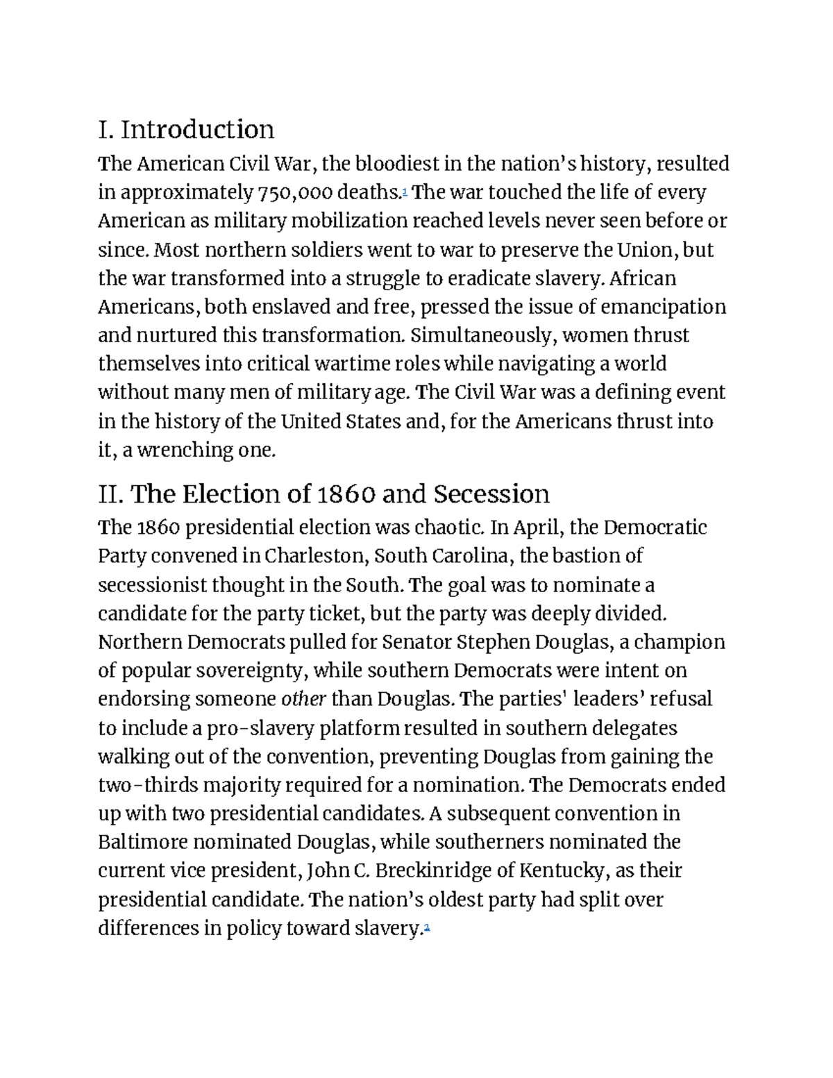 The Civil War - Notes - I. Introduction The American Civil War, the ...