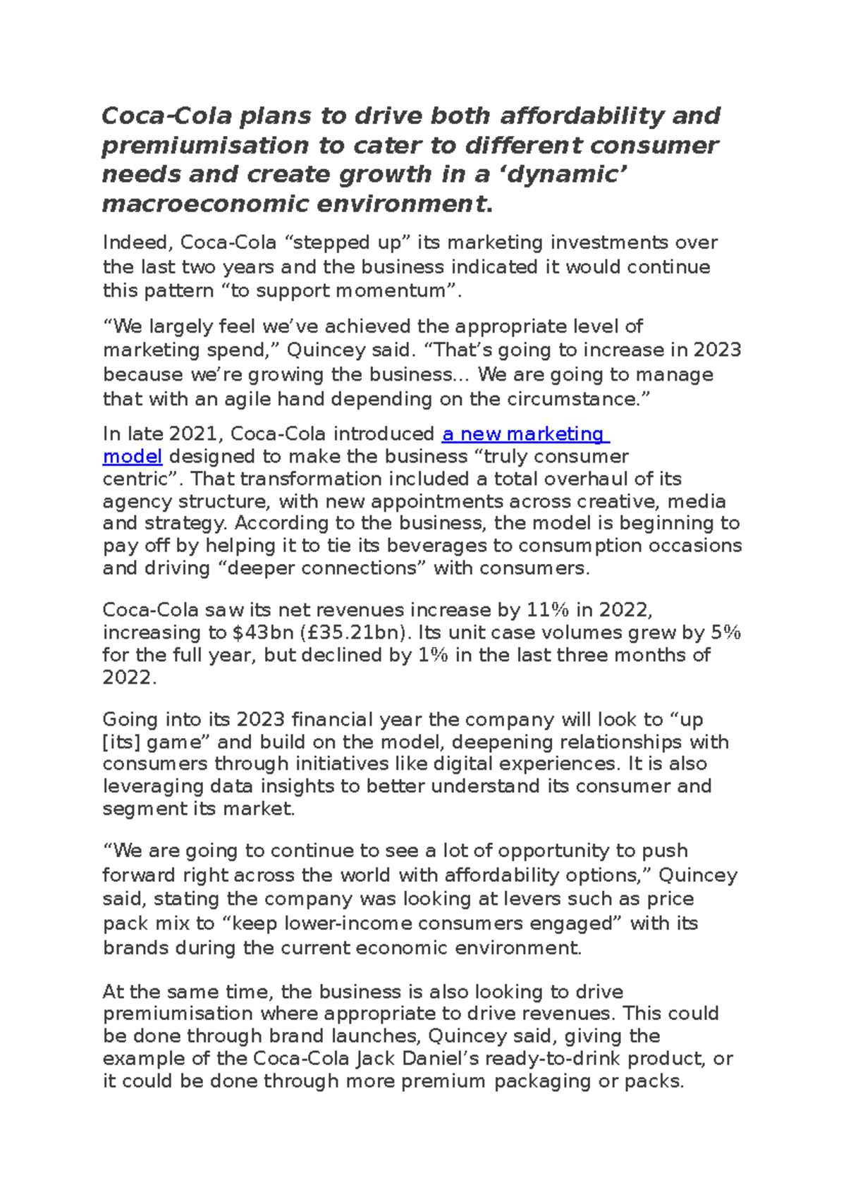 Coca cola - Coca-Cola plans to drive both affordability and ...