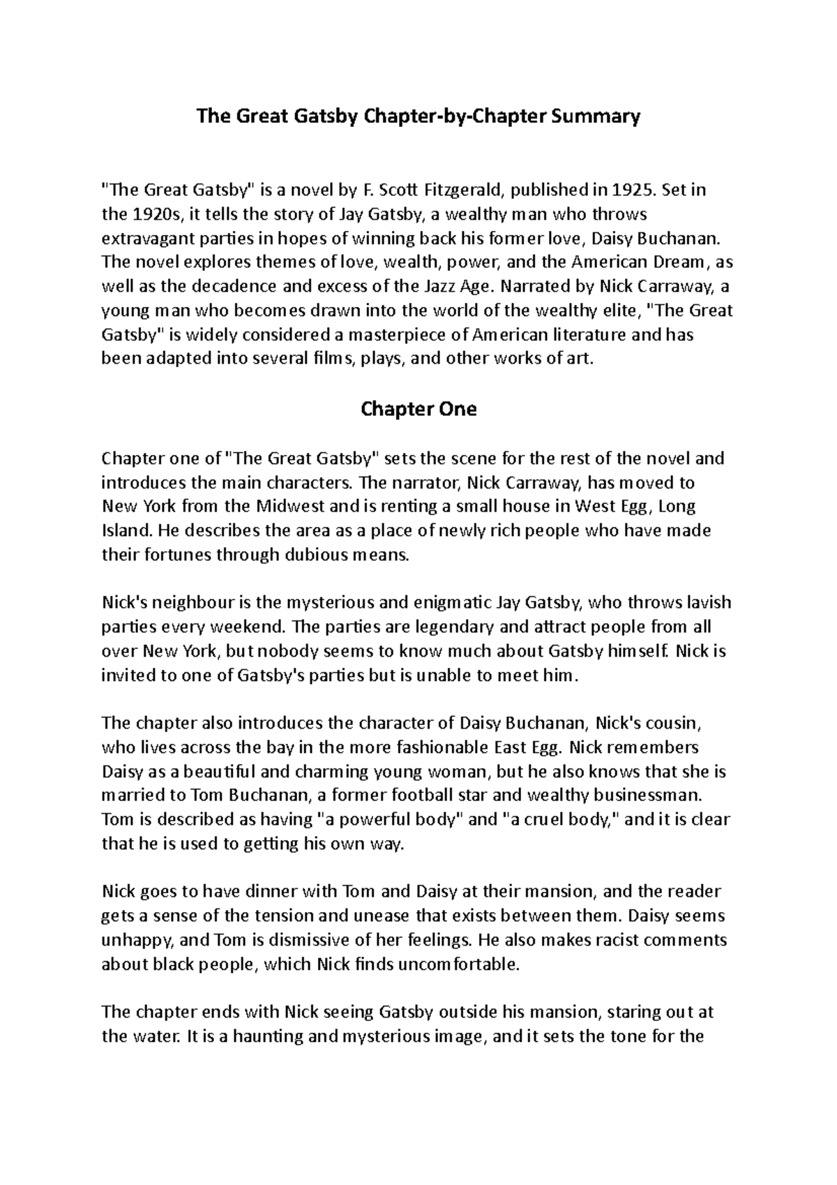 The Great Gatsby - Scott Fitzgerald, published in 1925. Set in the ...