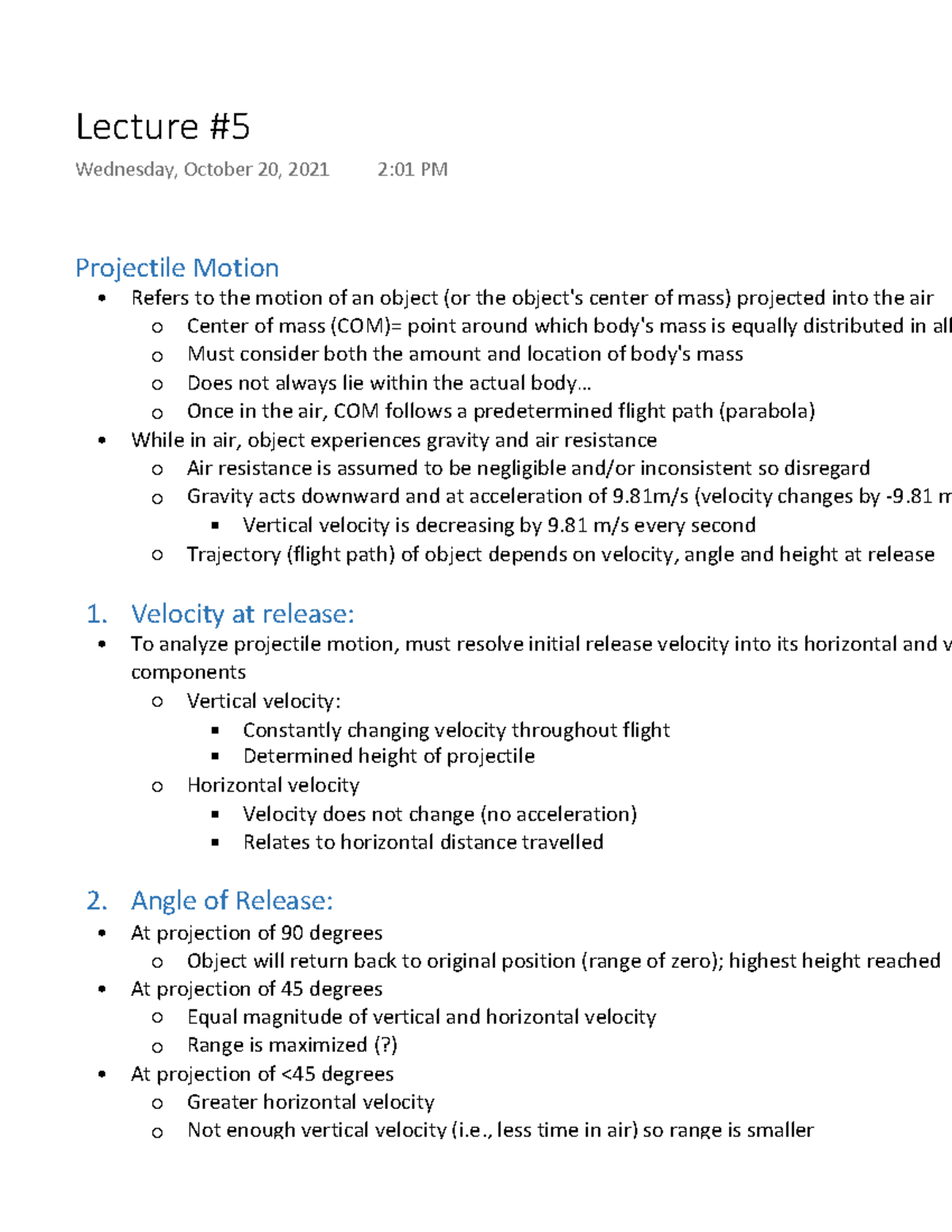 KINE 3P10- Lecture 5 - Projectile motion - Projectile Motion Refers to the motion of an object ...
