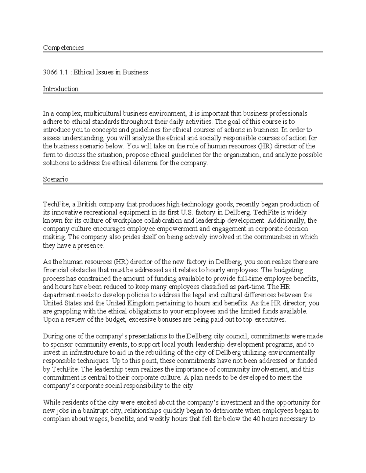 Task 1 Instructions - Business ethics task one - Competencies 3066.1 ...