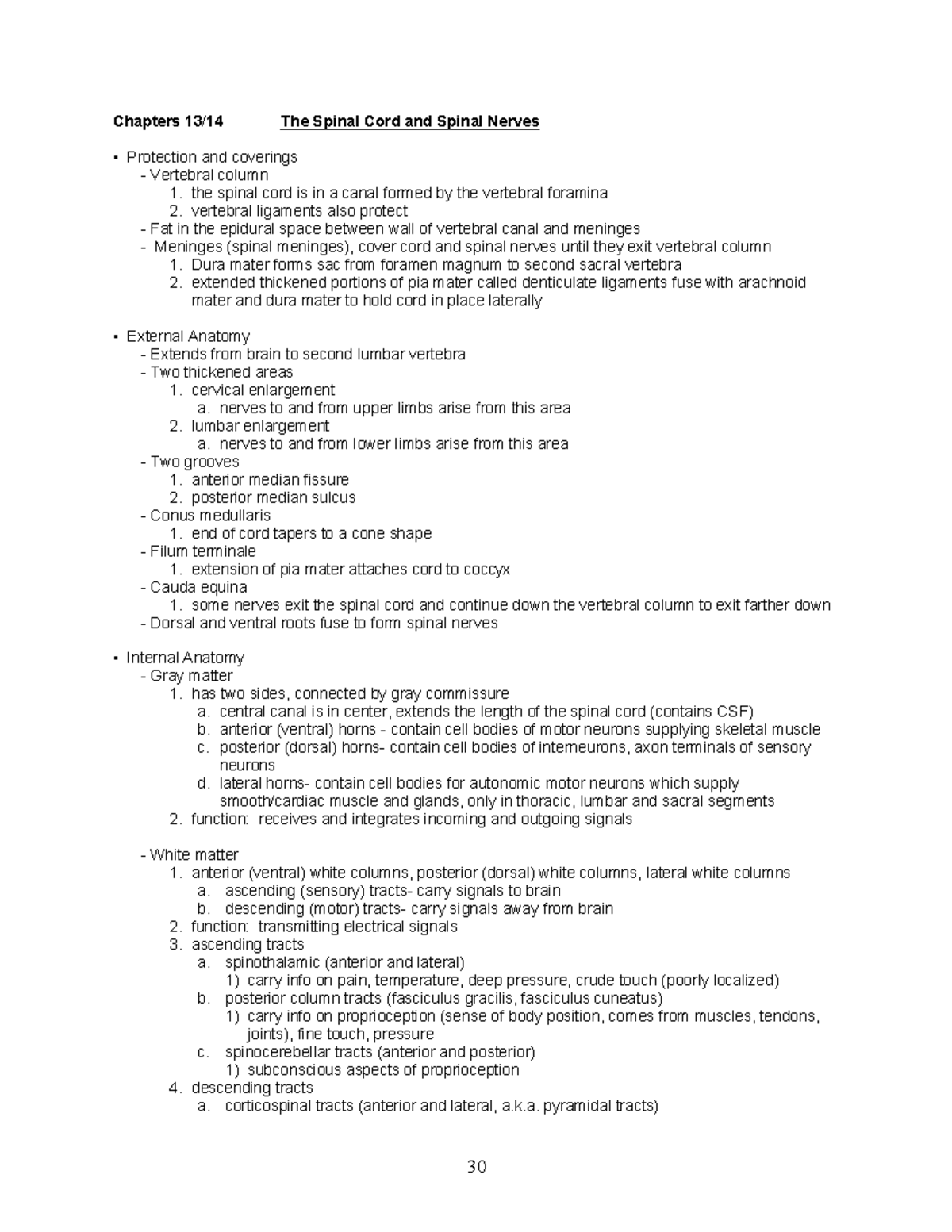 The Spinal Cord and Spinal Nerves Notes - 30 Chapters 13/14 The Spinal ...