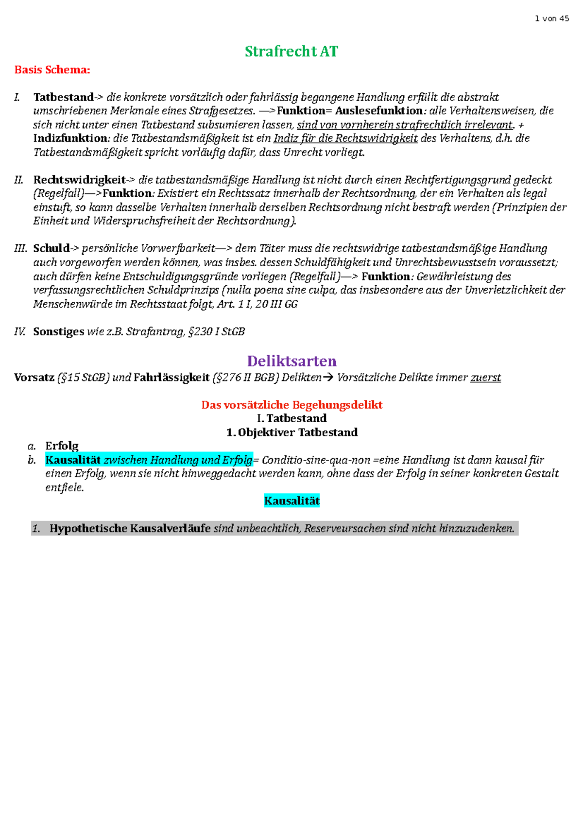 Strafrecht AT - Strafrecht AT Basis Schema: I. Tatbestand -> die ...
