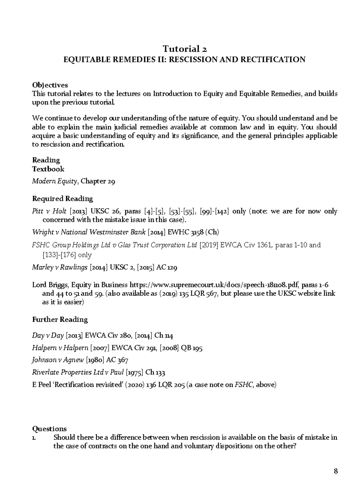 Tutorial 2 - Equitable Remedies 2 - Rescission and Rectification - 8 Tutorial 2 EQUITABLE ...