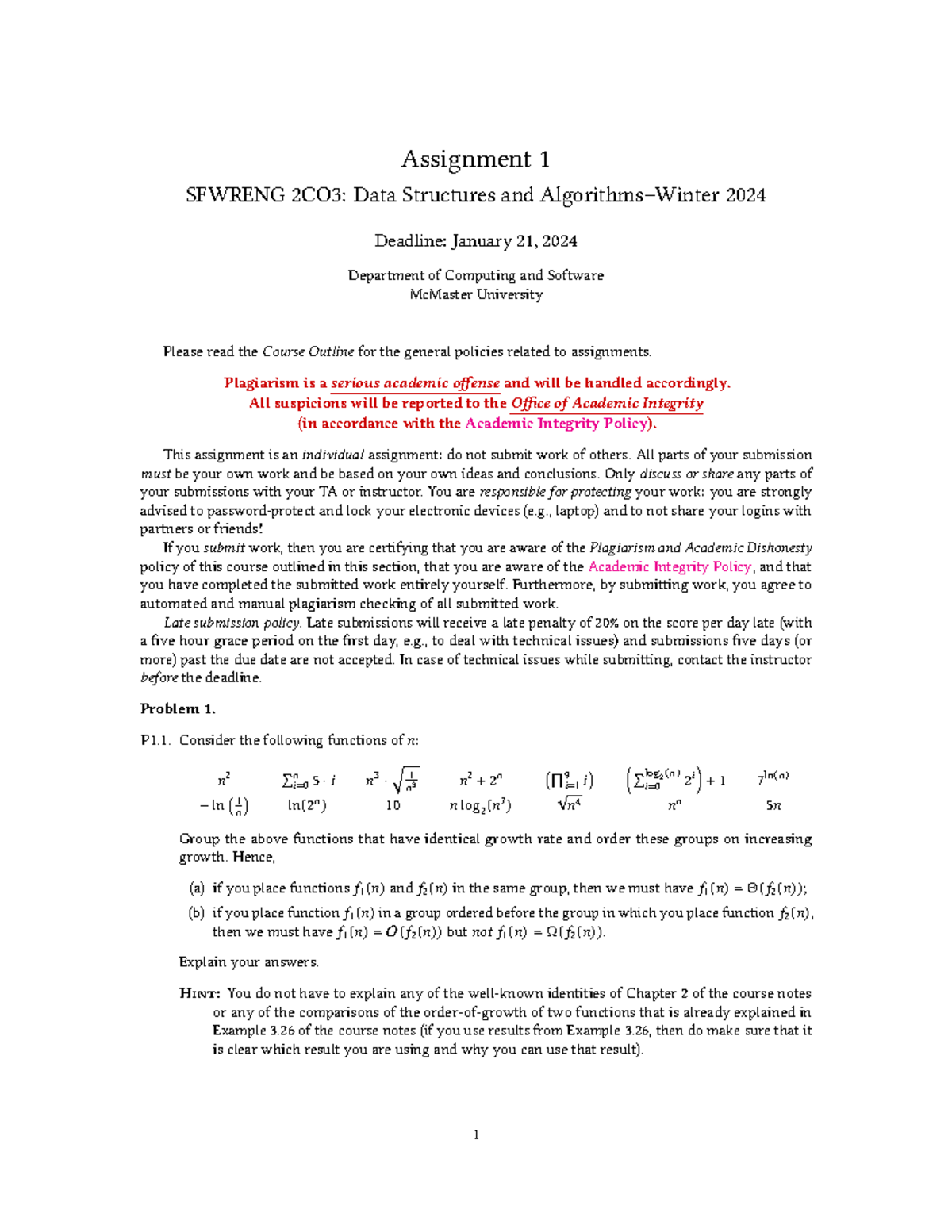Assignment 1 - Assigment 1 - Assignment 1 SFWRENG 2CO3: Data Structures and Algorithms–Winter ...