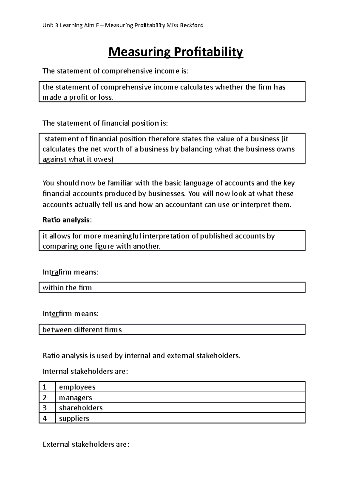 Measuring Profitability Worksheet - Unit 3 Learning Aim F – Measuring ...