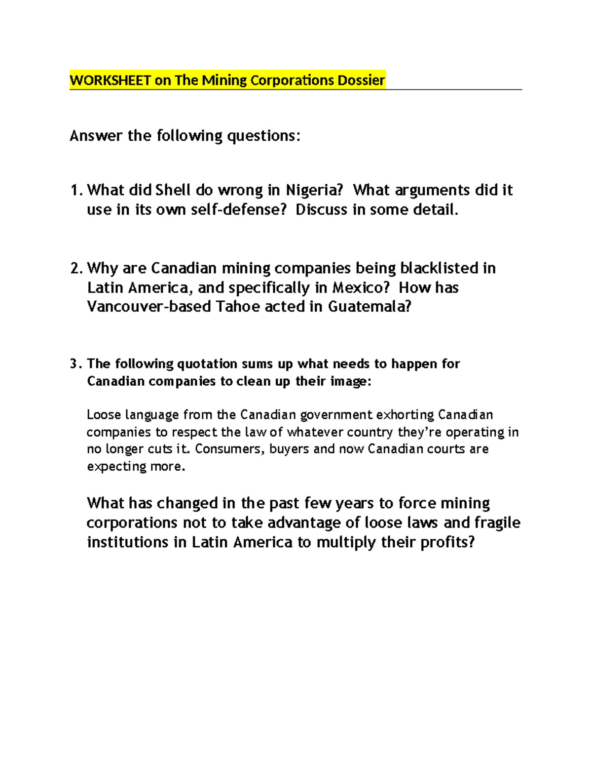 Worksheet on the Mining dossier - WORKSHEET on The Mining Corporations ...