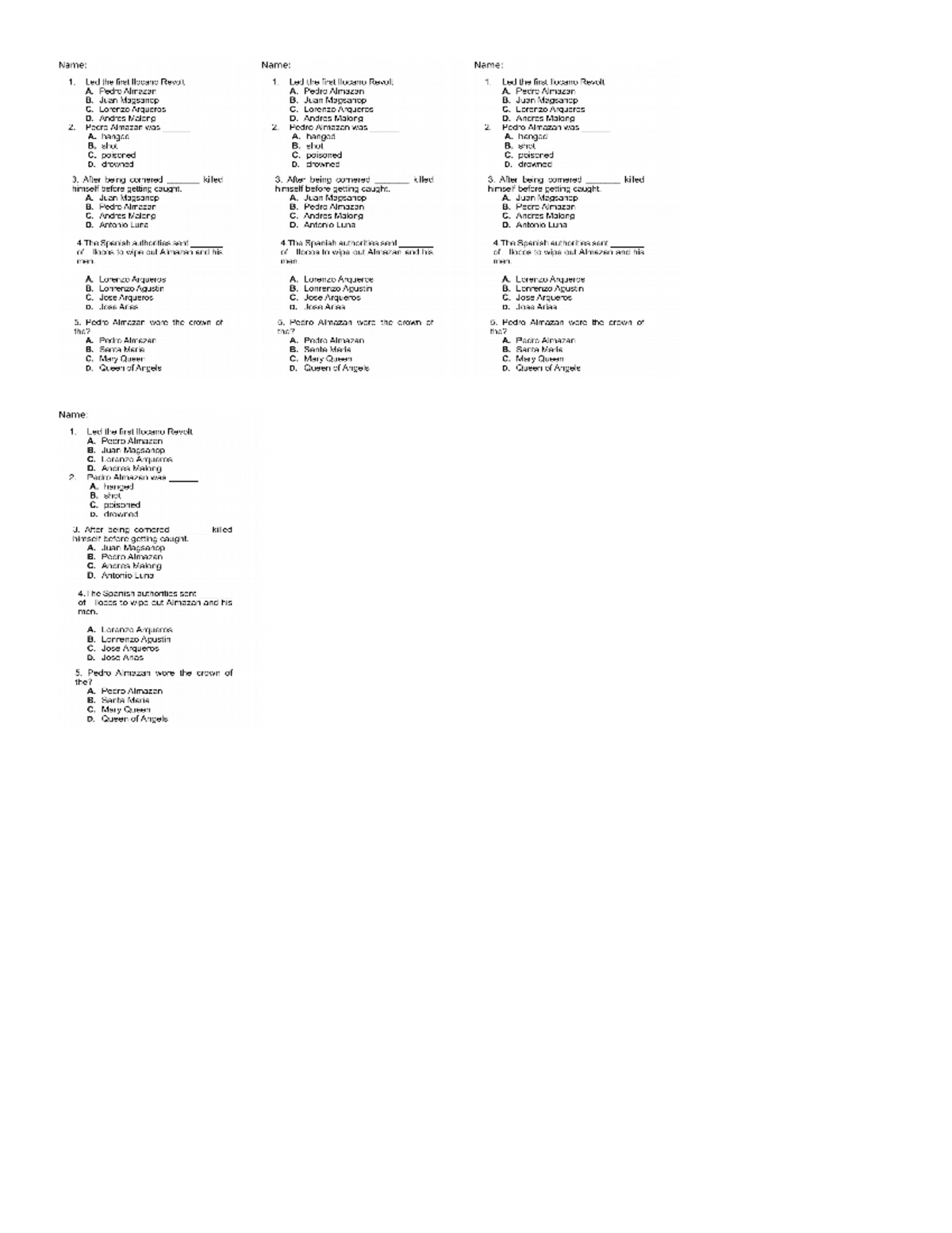 Quiz - Lecture notes 1 - Led the first Ilocano Revolt A. Pedro Almazan ...