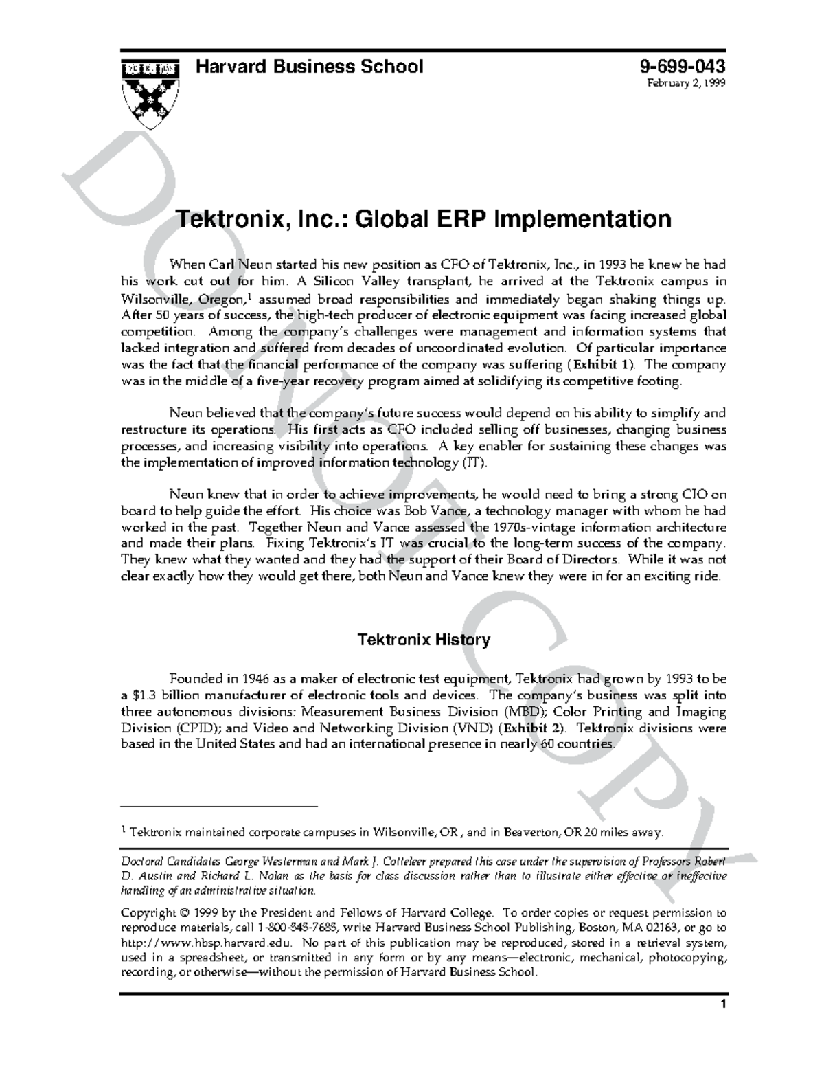CAS 3 Tektronix Inc Global ERP Implementation - DO NOT COPY Harvard Business School 9-699 ...
