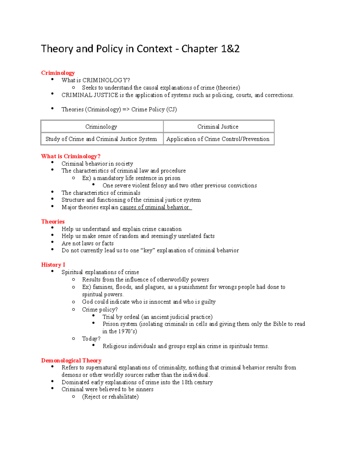 CJ 3270 Chapter 1 and 2 - Notes about Theory and Policy in Context ...
