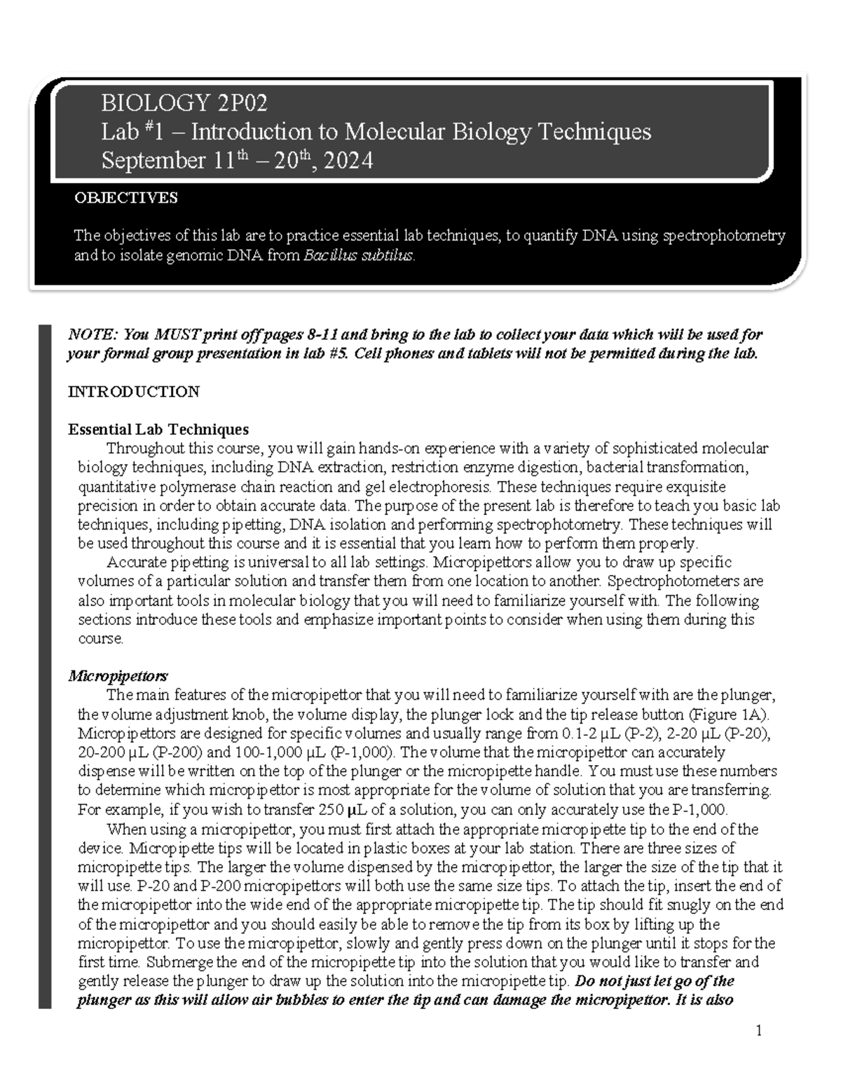 2P02 Lab 1 - DNA Quantification 2024 - BIOLOGY 2P Lab 1 – Introduction ...