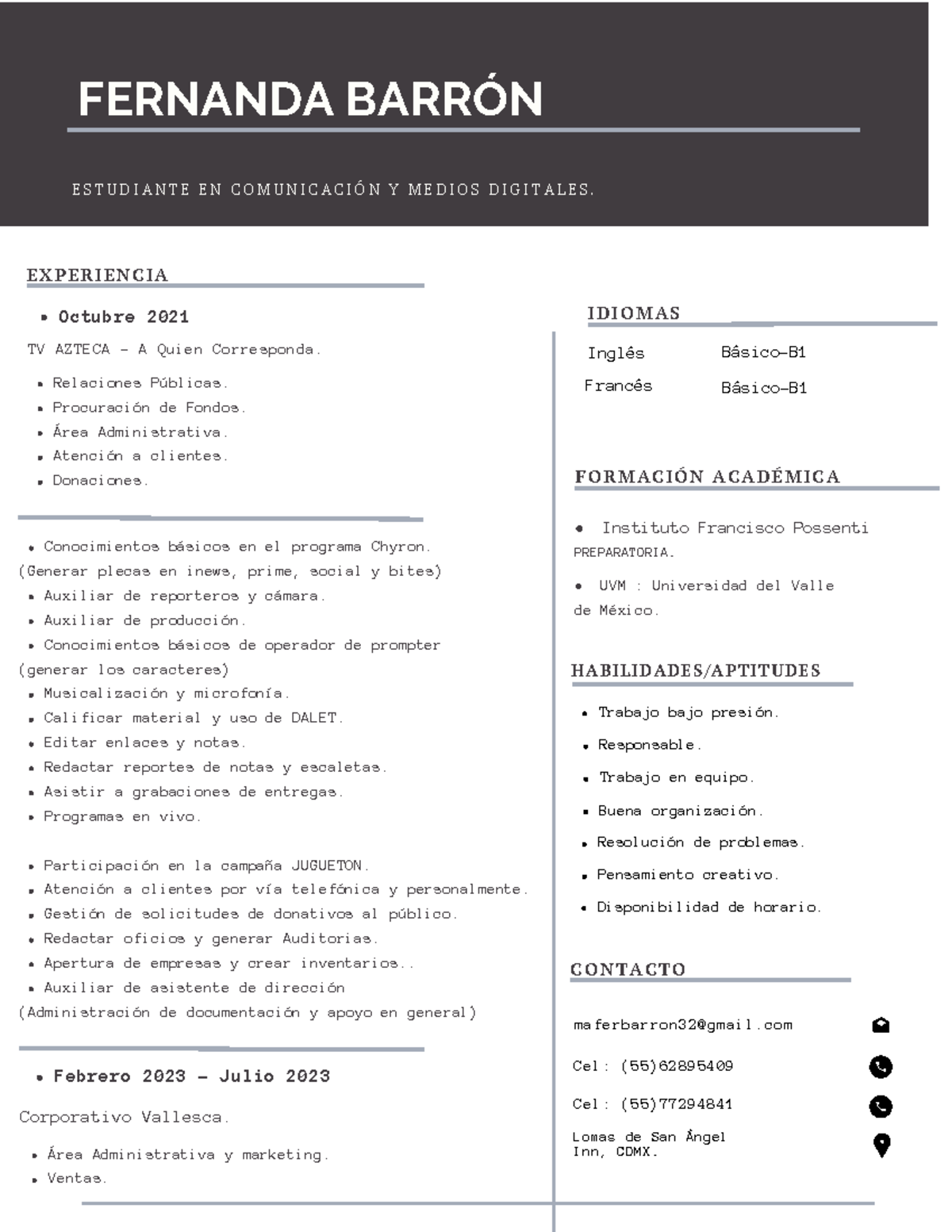 CV-Fernanda Barron - baba a bs - FORMACIÓN ACADÉMICA CONTACTO FERNANDA ...