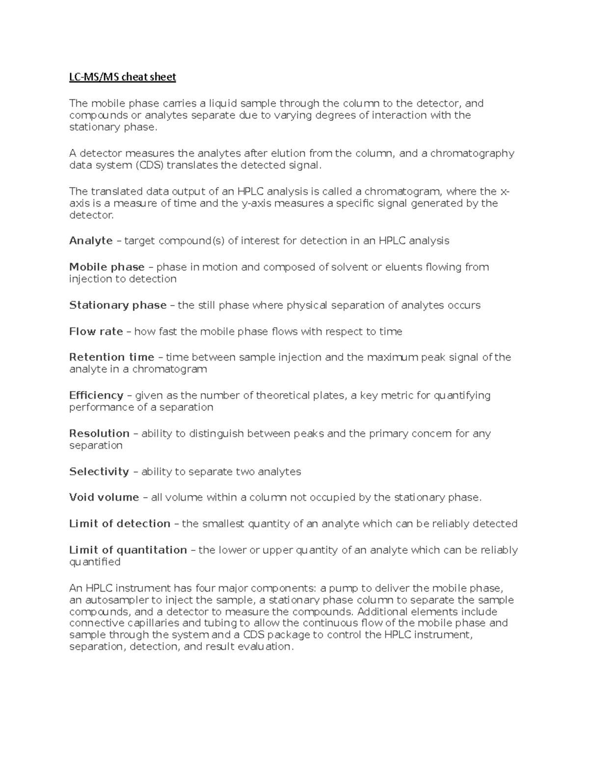 LC-MS Cheat Sheet - HPLC/MS - LC-MS/MS cheat sheet The mobile phase ...