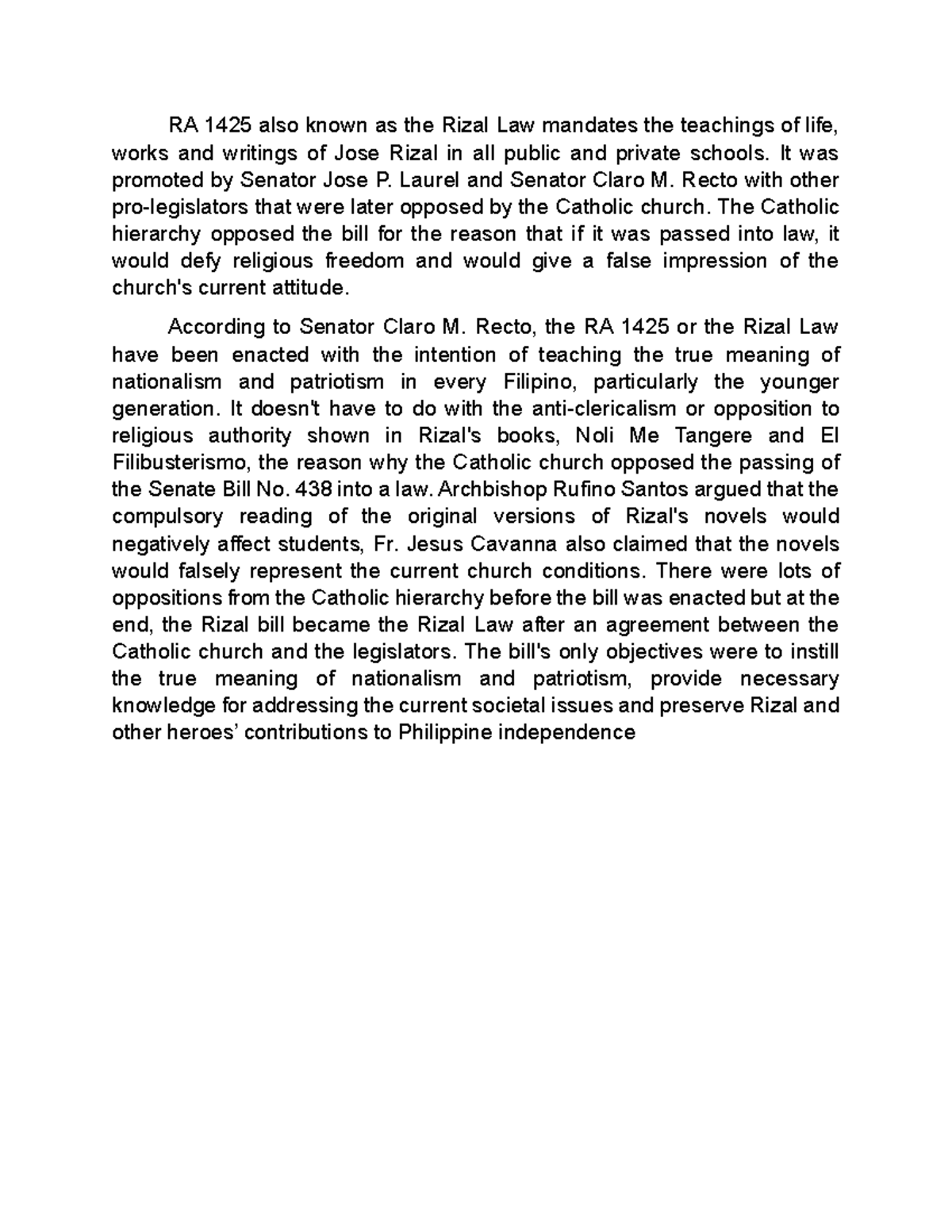 RA 1425 Rizal LAW - RA 1425 also known as the Rizal Law mandates the ...