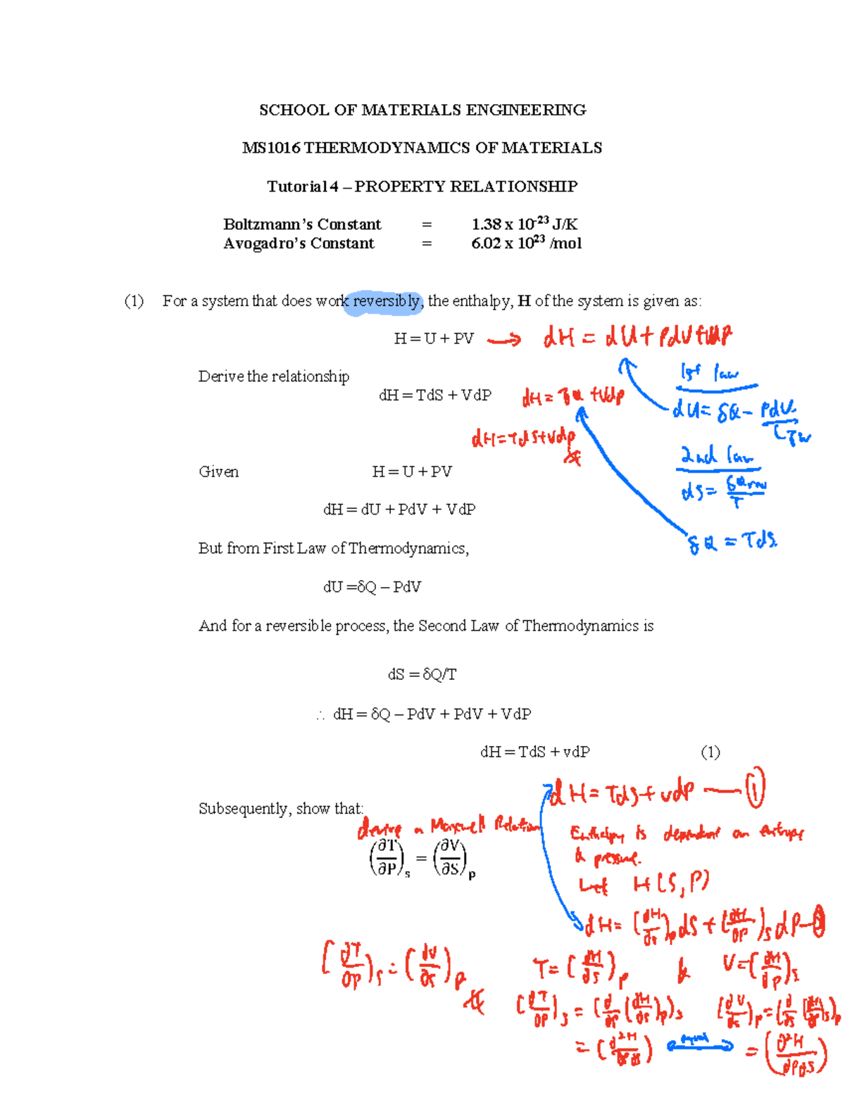 Ms1016 L4 tut ans - SCHOOL OF MATERIALS ENGINEERING MS 1016 THERMODYNAMICS OF MATERIALS Tutorial ...