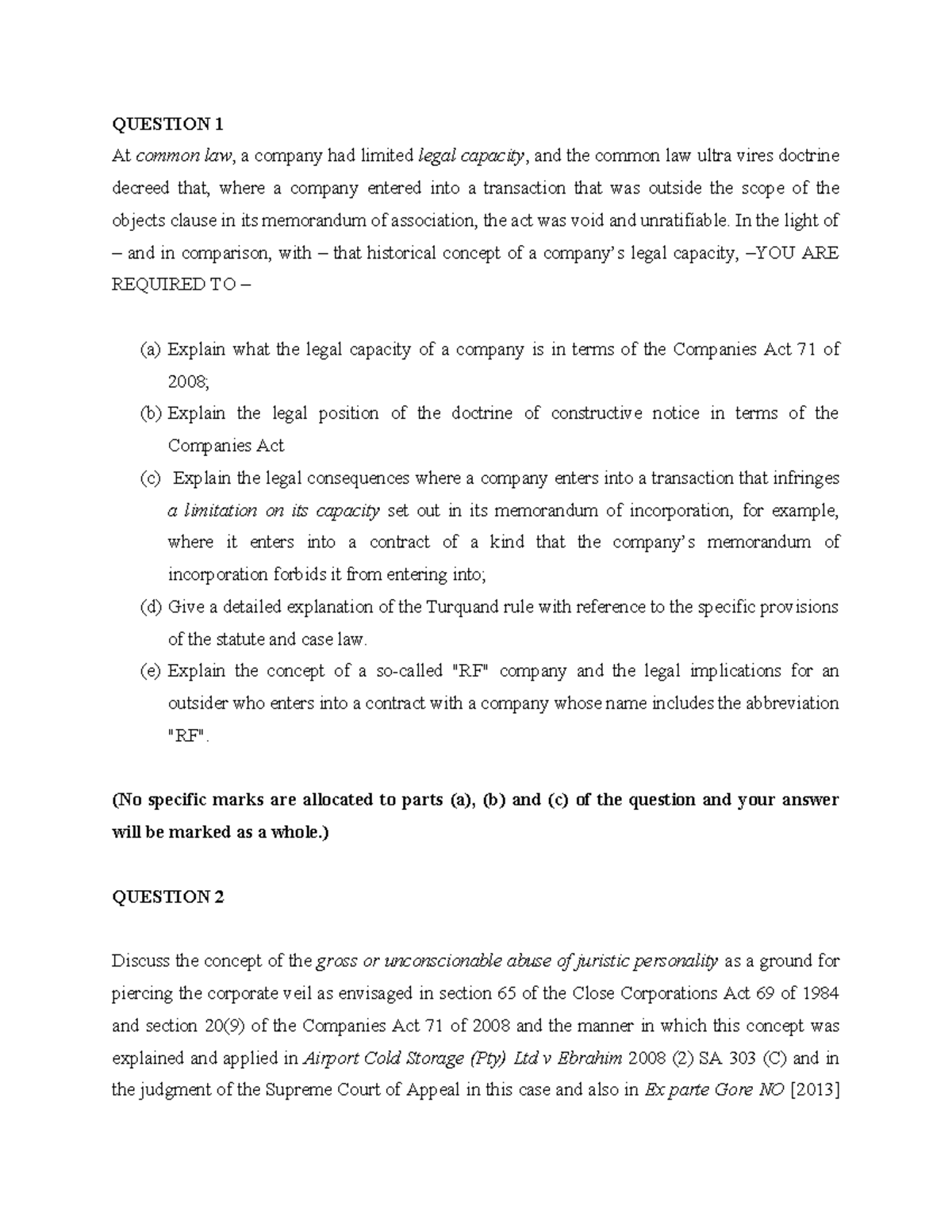 Model Test Questions - Study - QUESTION 1 At common law, a company had ...