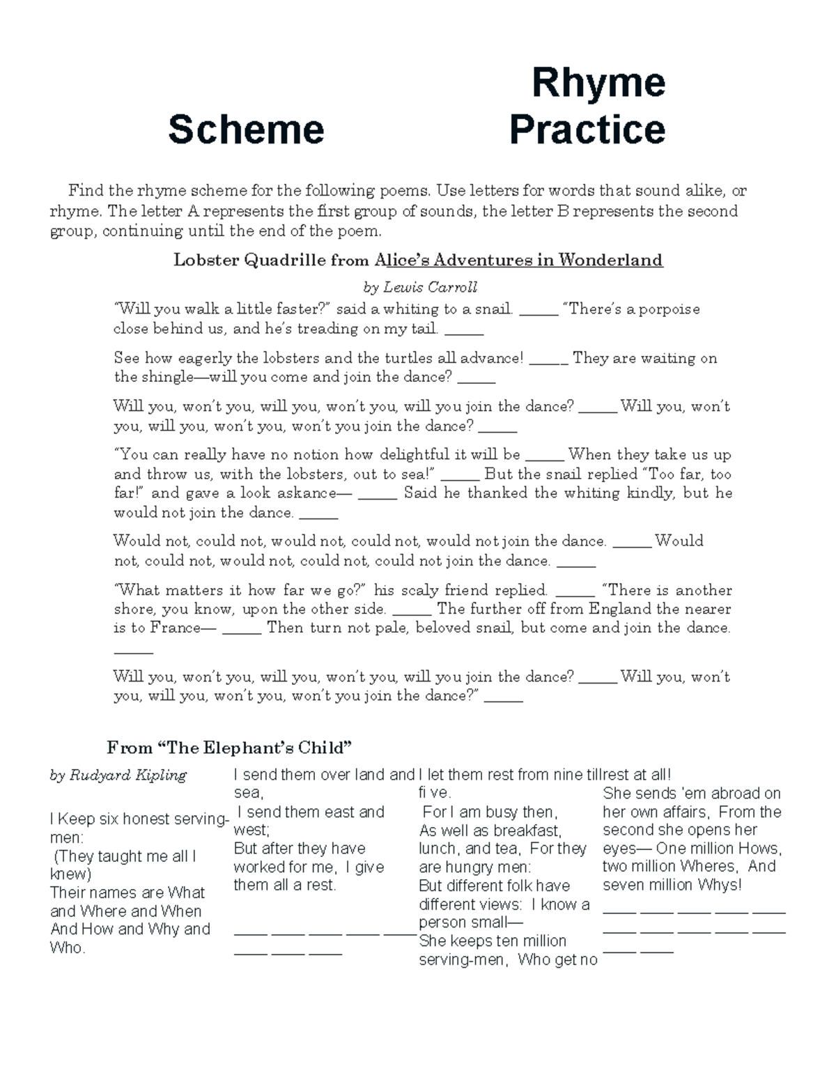 Rhyme scheme 2 worksheet - Rhyme Scheme Rhyme Scheme Practice Practice ...
