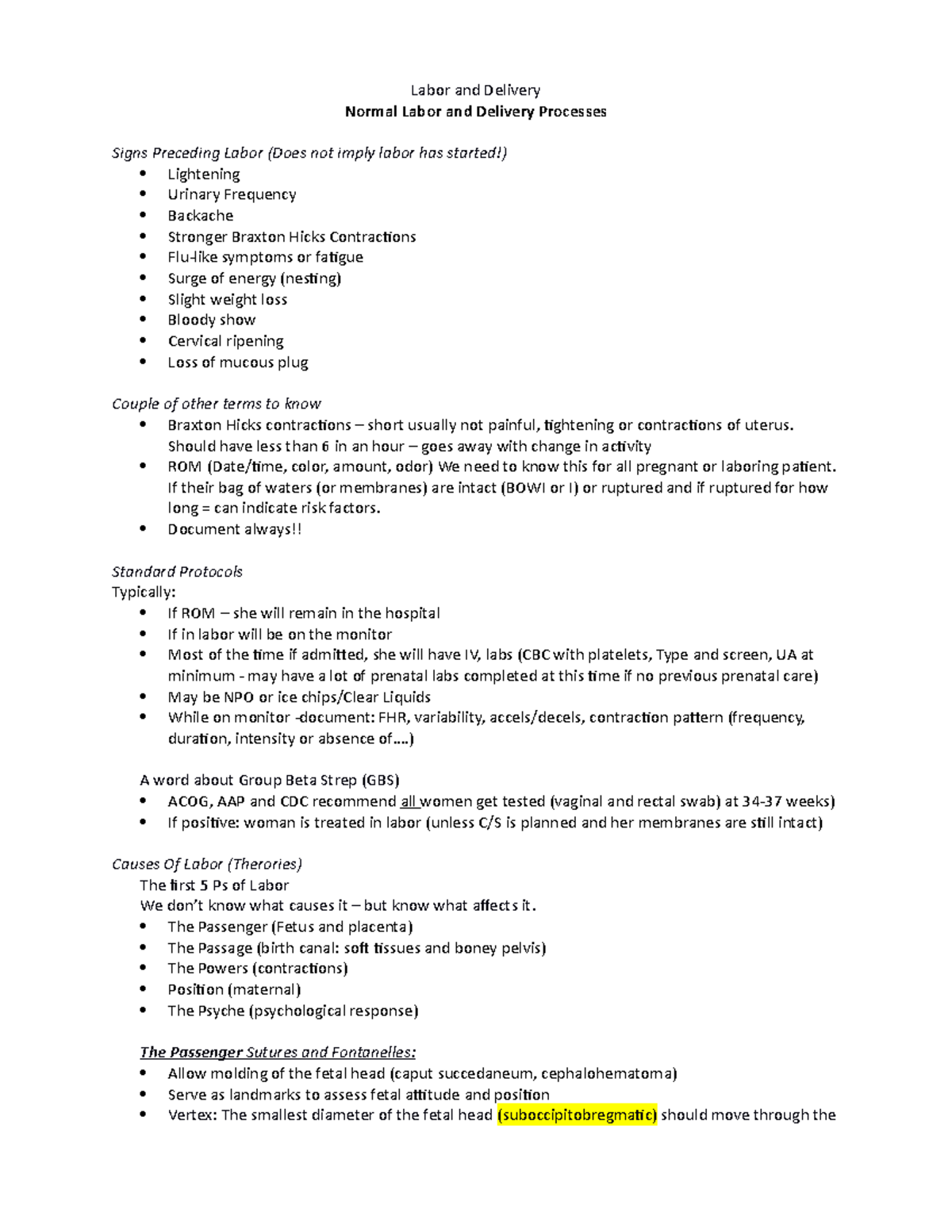 Chapter lecture notes on Labor and Delivery - Labor and Delivery Normal ...