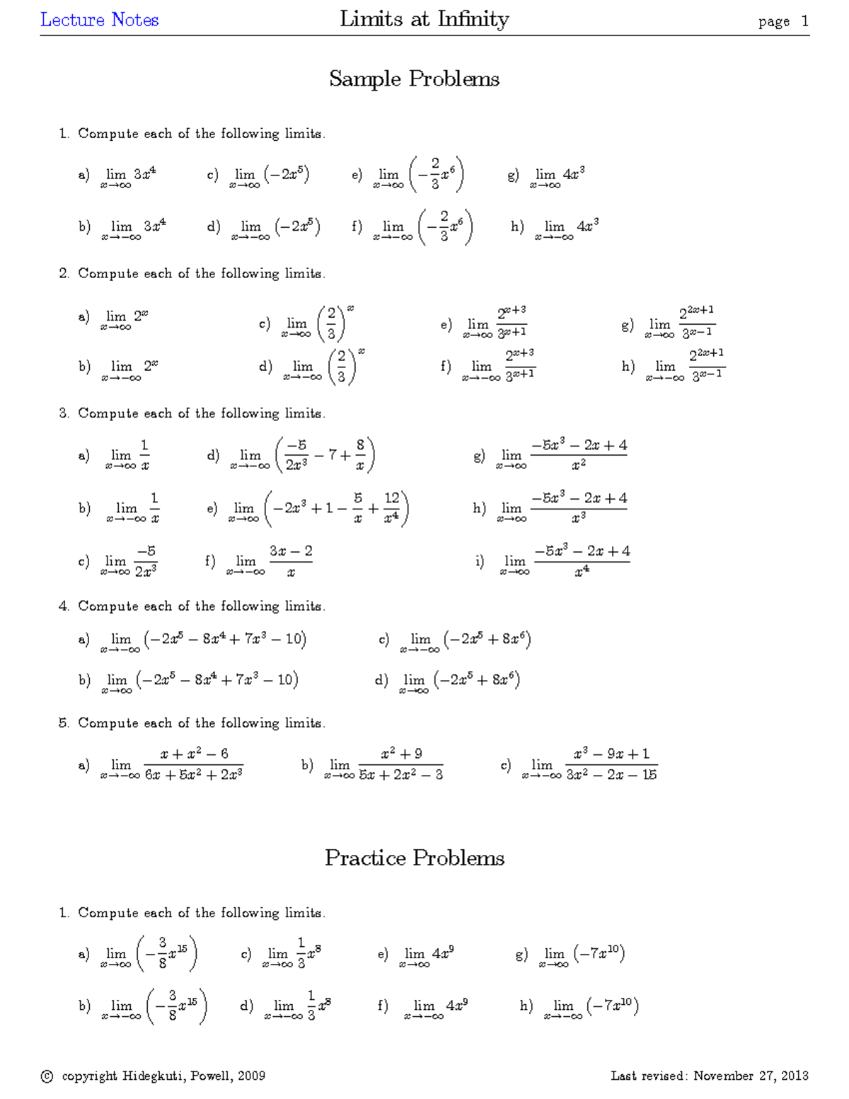 Precalc_Limits_Practice - Sample Problems Compute each of the following ...