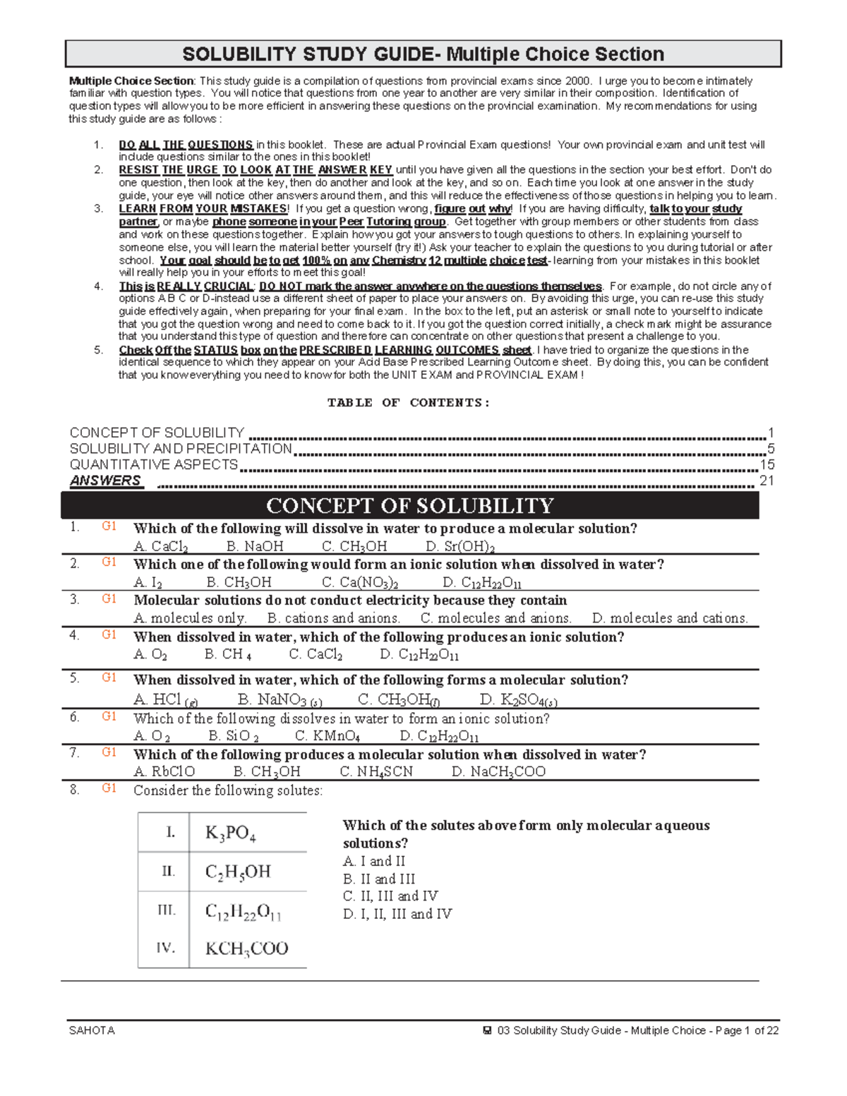 Solubility multiple choice package - SOLUBILITY STUDY GUIDE- Multiple ...