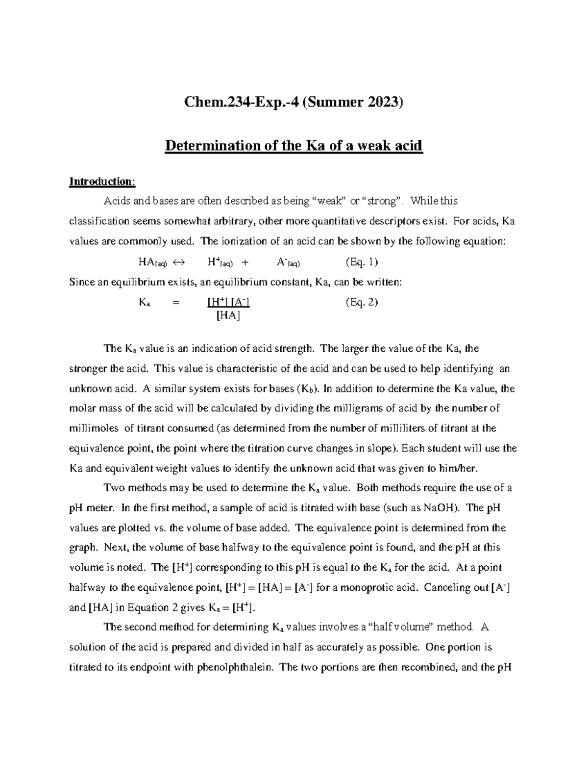 Experiment+4-Modified-Chem - Chem-Exp.-4 (Summer 2023) Determination of the Ka of a weak acid ...
