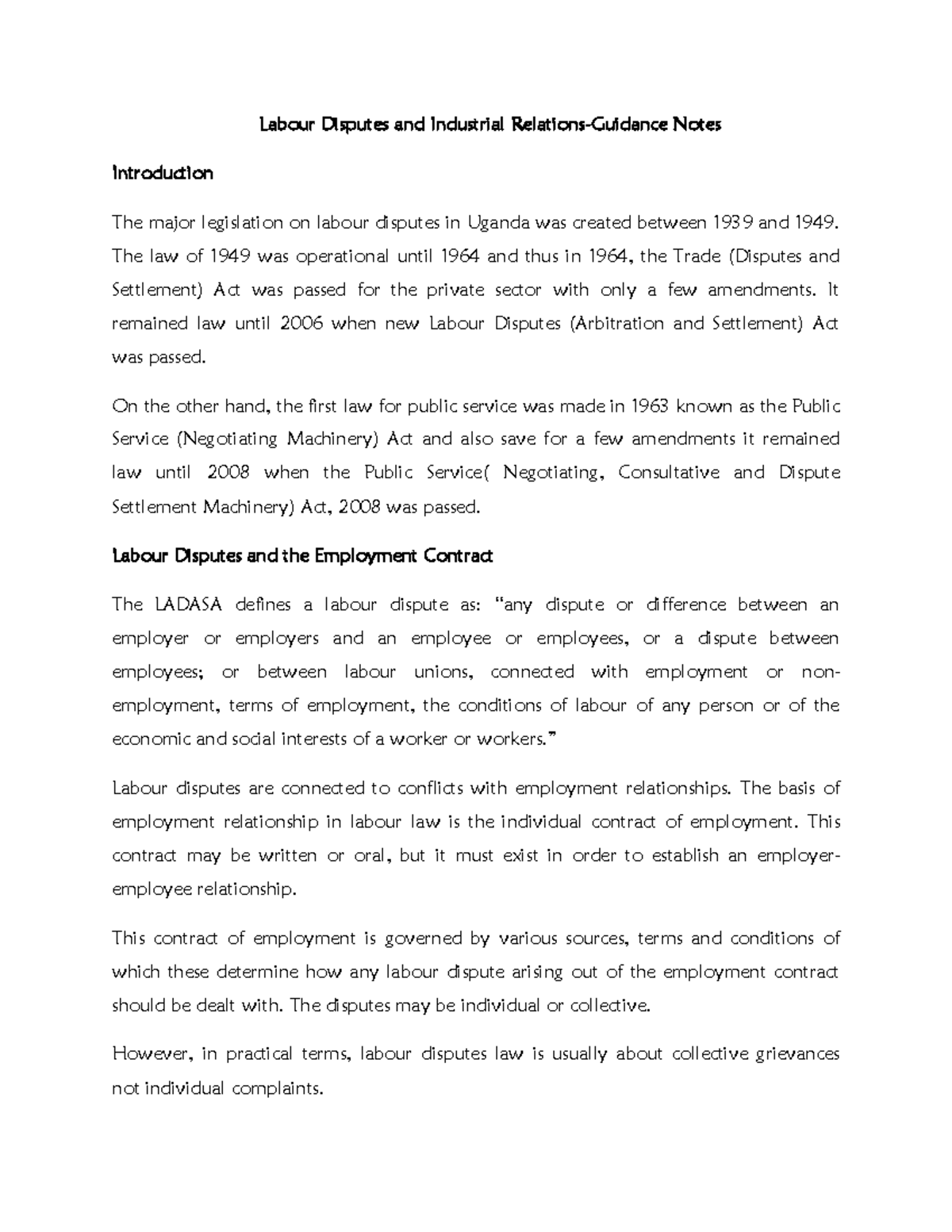 Labour Disputes and Industrial Relations Guidance Notes - Labour ...