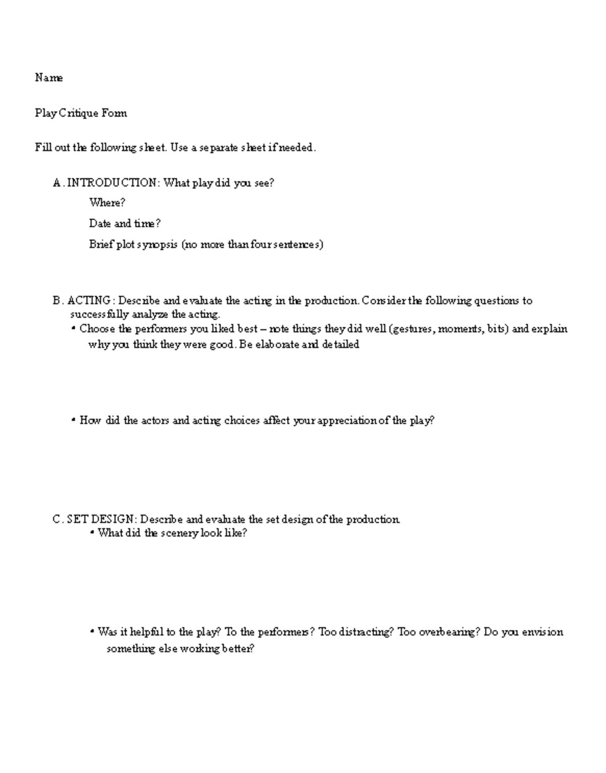 Play Critique Form 2 - Dan Stone - Name Play Critique Form Fill out the ...