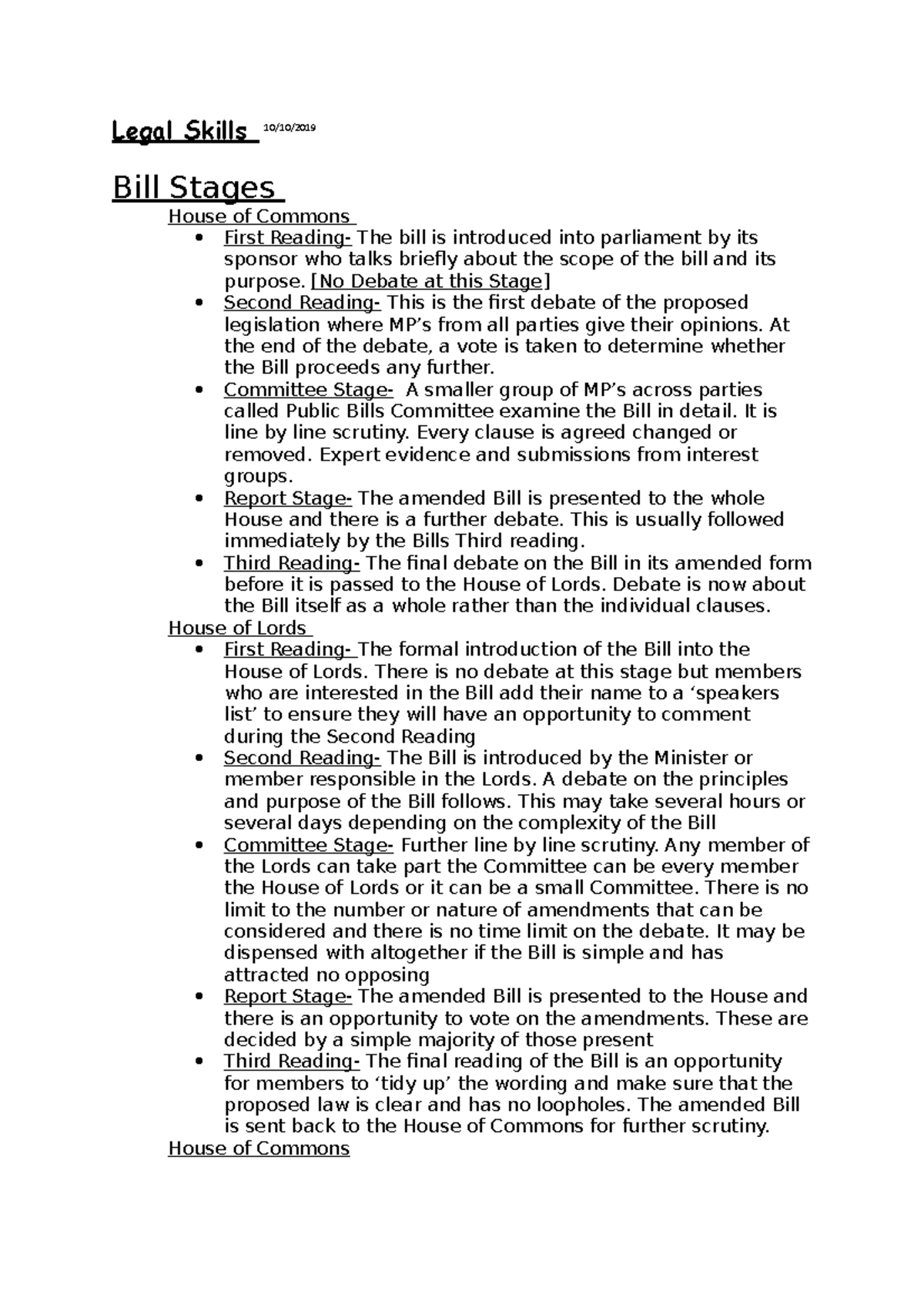 Legal Skills 10 2020 - Legal Skills 10/10/ Bill Stages House of Commons ...