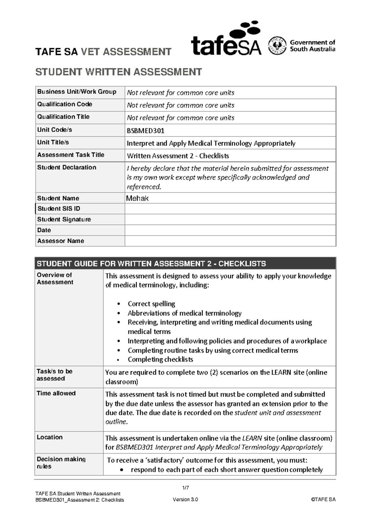 Medical terminology assessment - 1 / TAFE SA Student Written Assessment ...