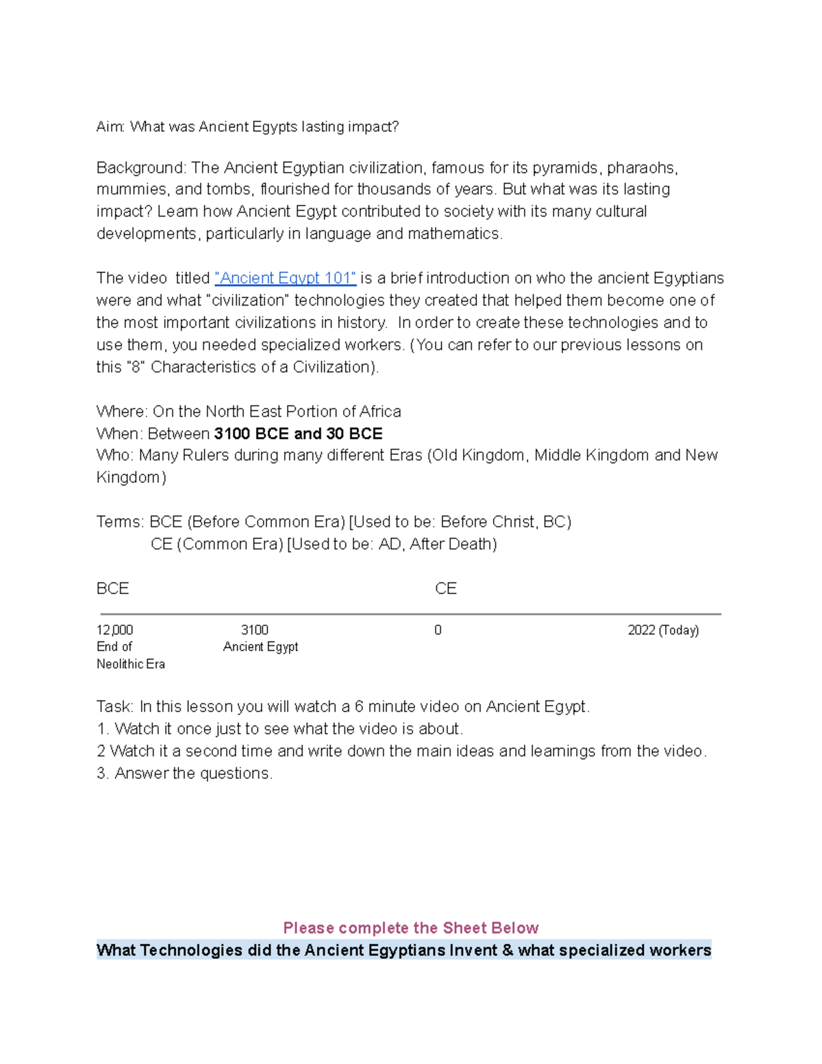 Ancient Egypt Assignment - Aim: What was Ancient Egypts lasting impact ...