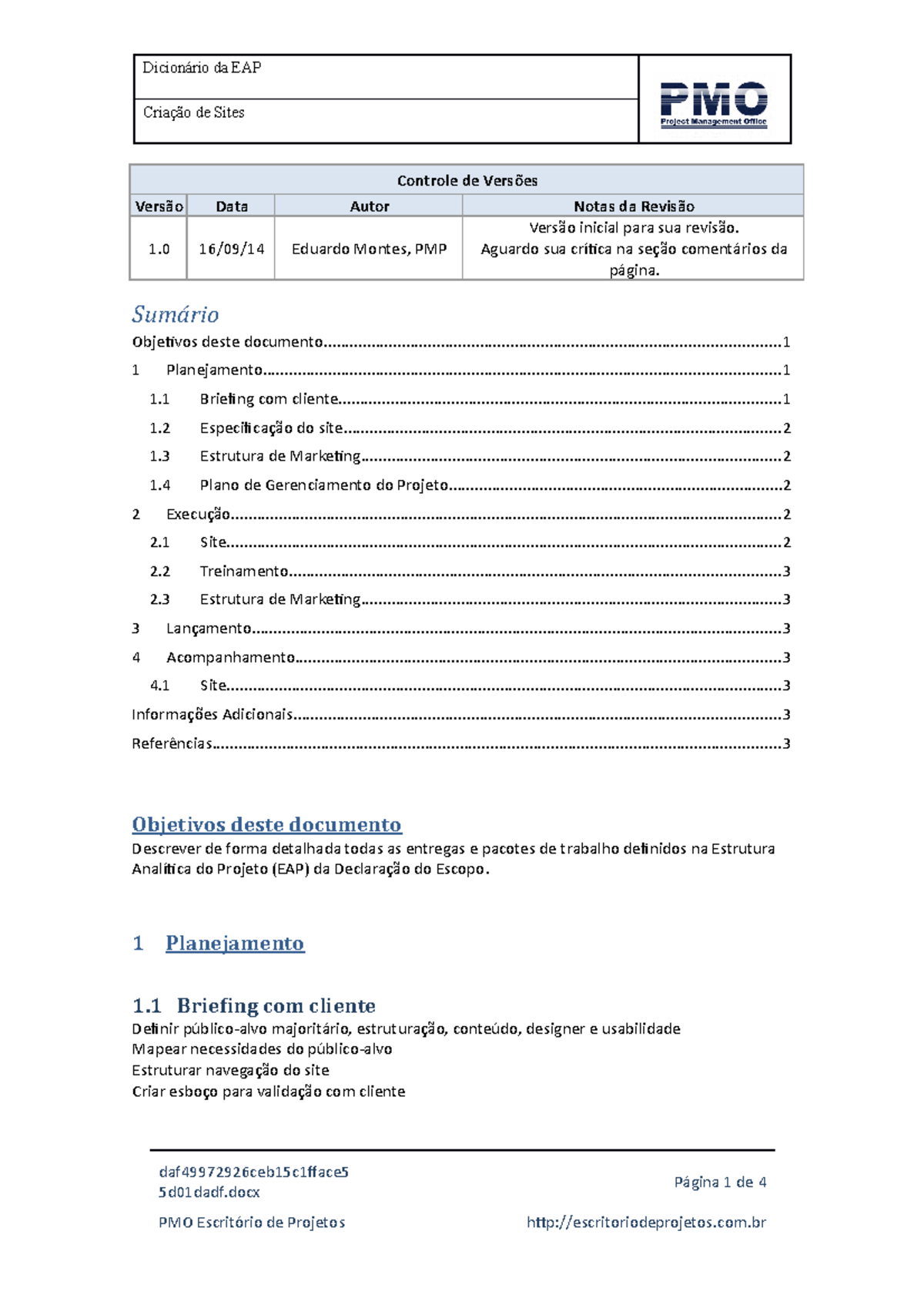 Dicionario da EAP - Criacao de Sites - Criação de Sites Controle de ...