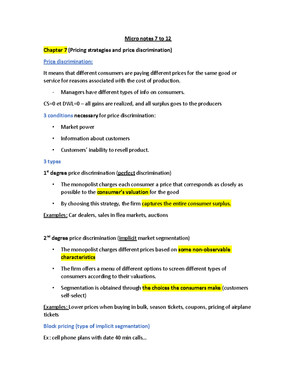 Micro notes 7 to 12 - oui - Micro notes 7 to 12 Chapter 7 (Pricing ...