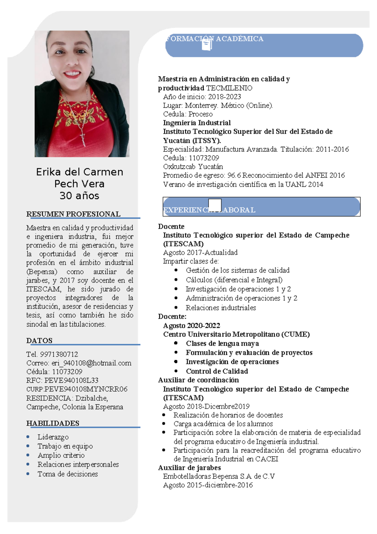 CV Erika PEVE - creaion de cv - FORMACIÓN ACADÉMICA EXPERIENCIA LABORAL ...