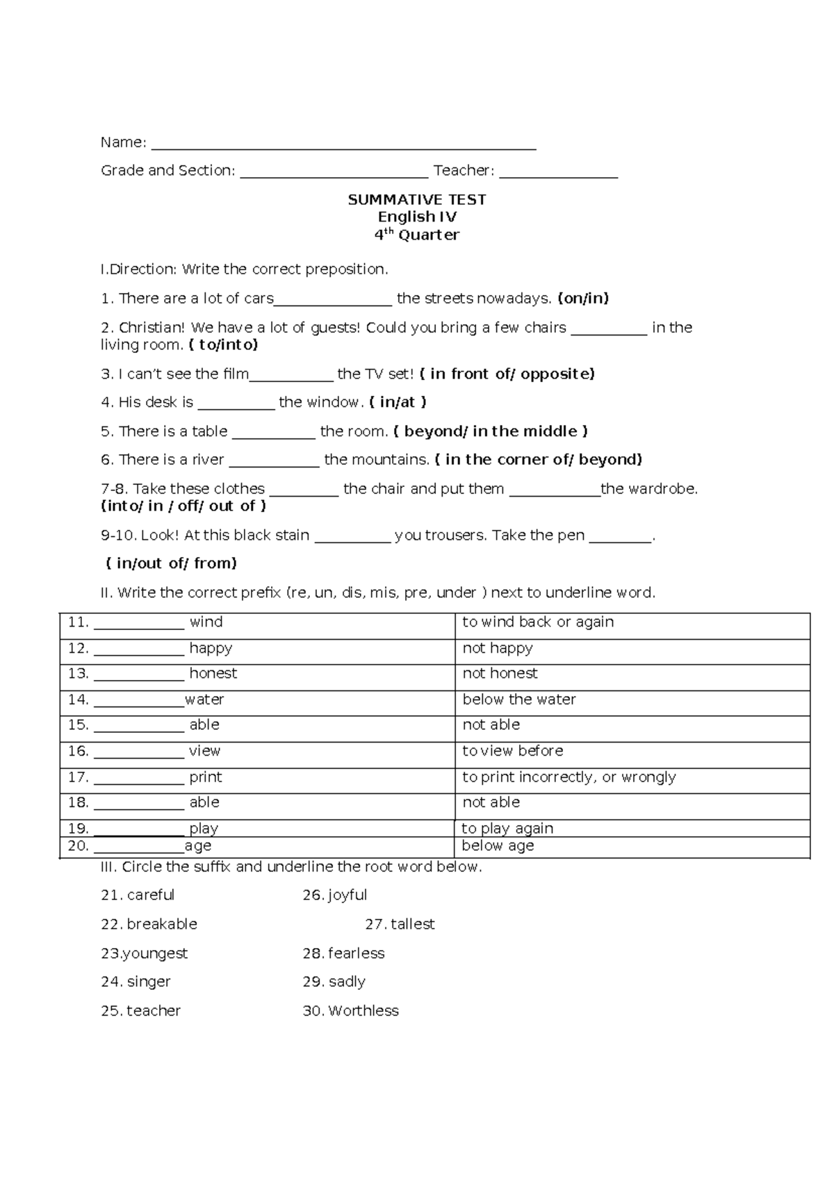 Final summative test grade 4 - Name