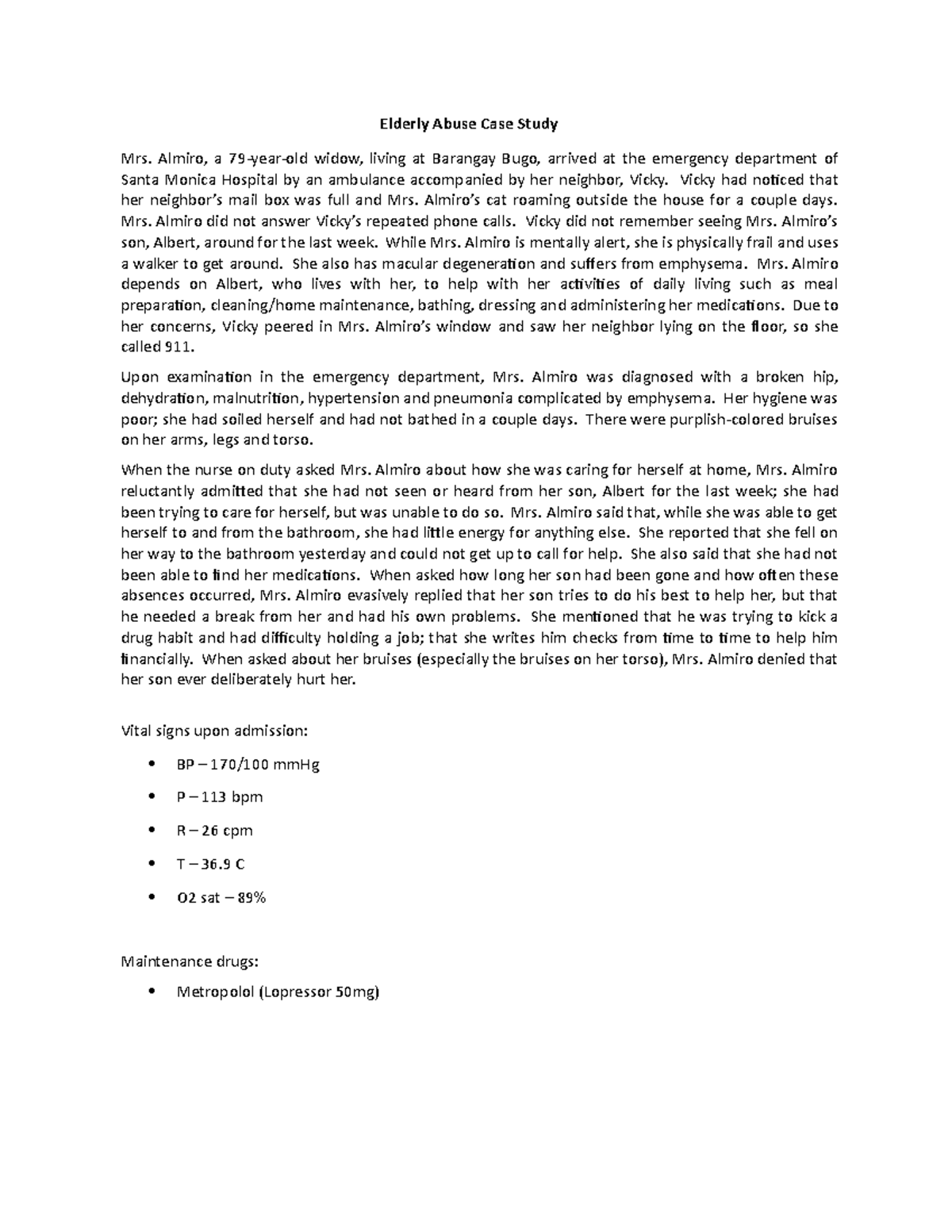 Elderly Abuse Case Study Sample - Elderly Abuse Case Study Mrs. Almiro ...