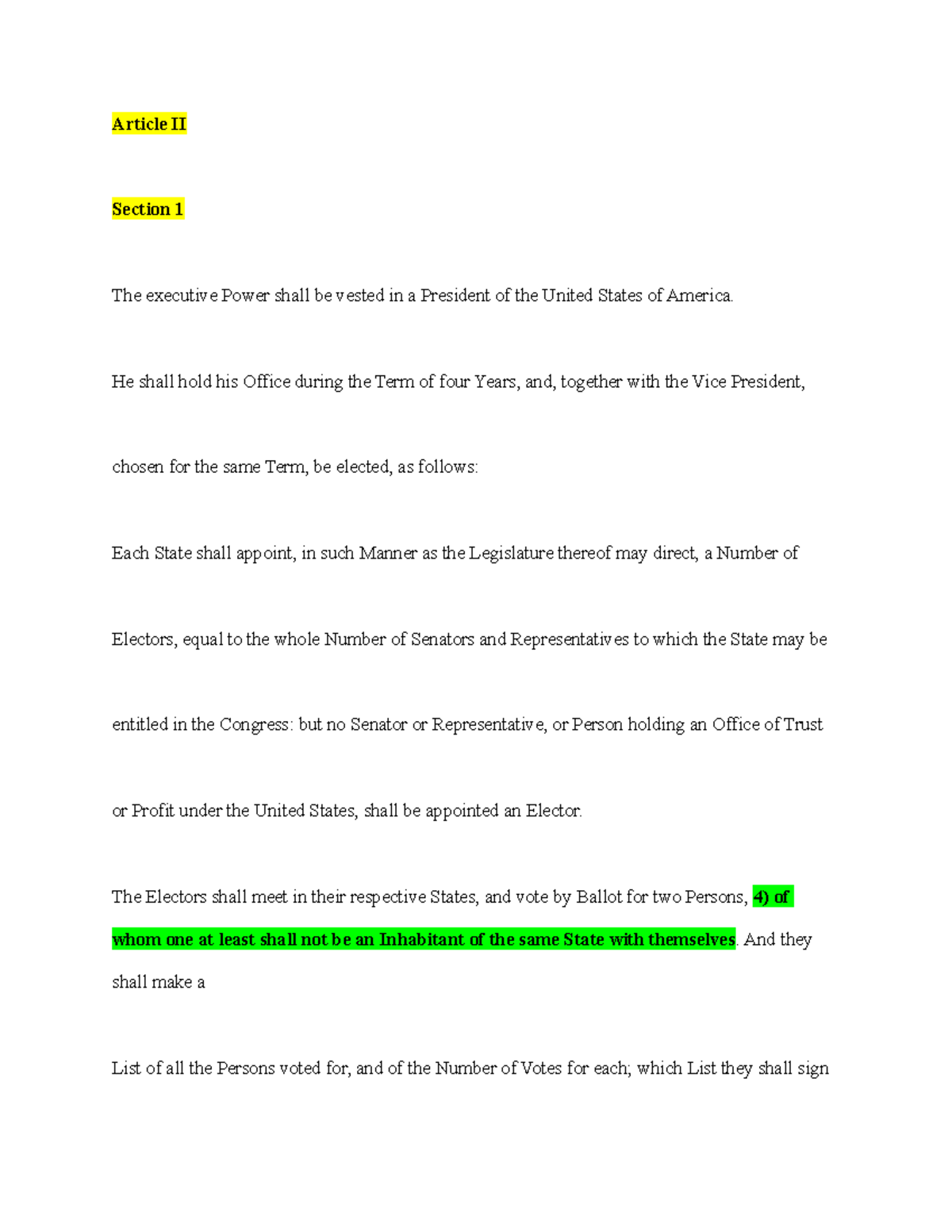 Homework g - Article II Section 1 The executive Power shall be vested ...