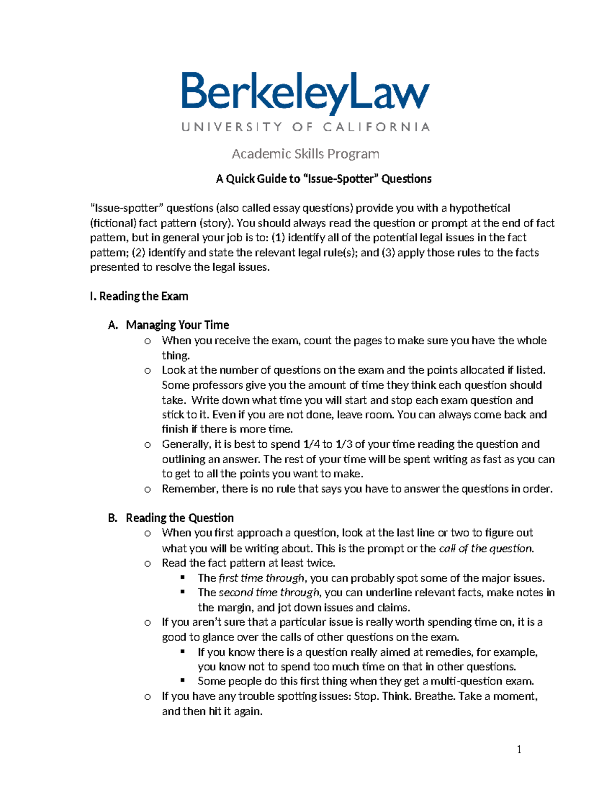 A Quick Guide to Issue Spotter Exams - Academic Skills Program A Quick ...