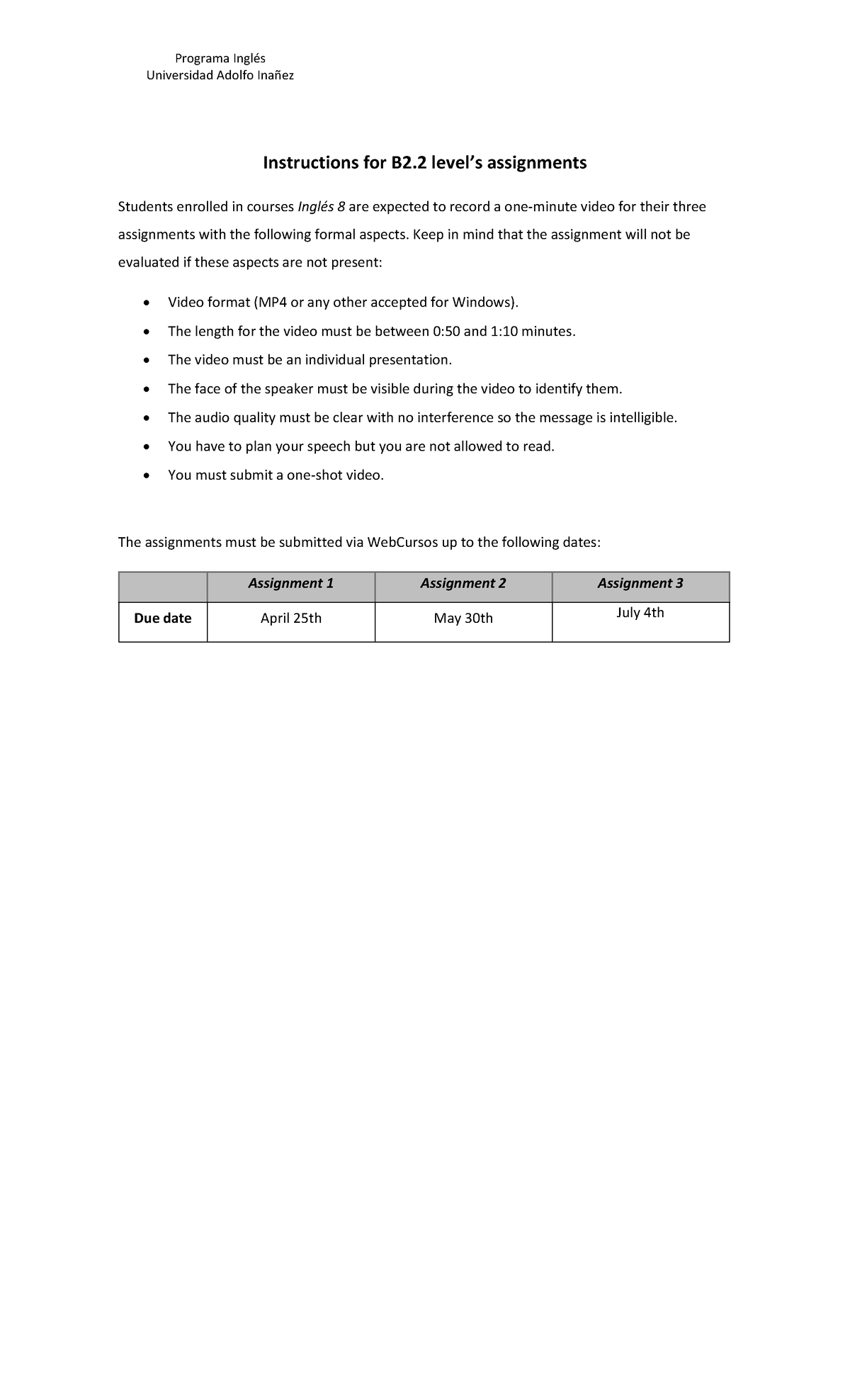 Rubric Assignments Inglés 8 B2 - Programa Inglés Universidad Adolfo Inañez Instructions for B2 ...