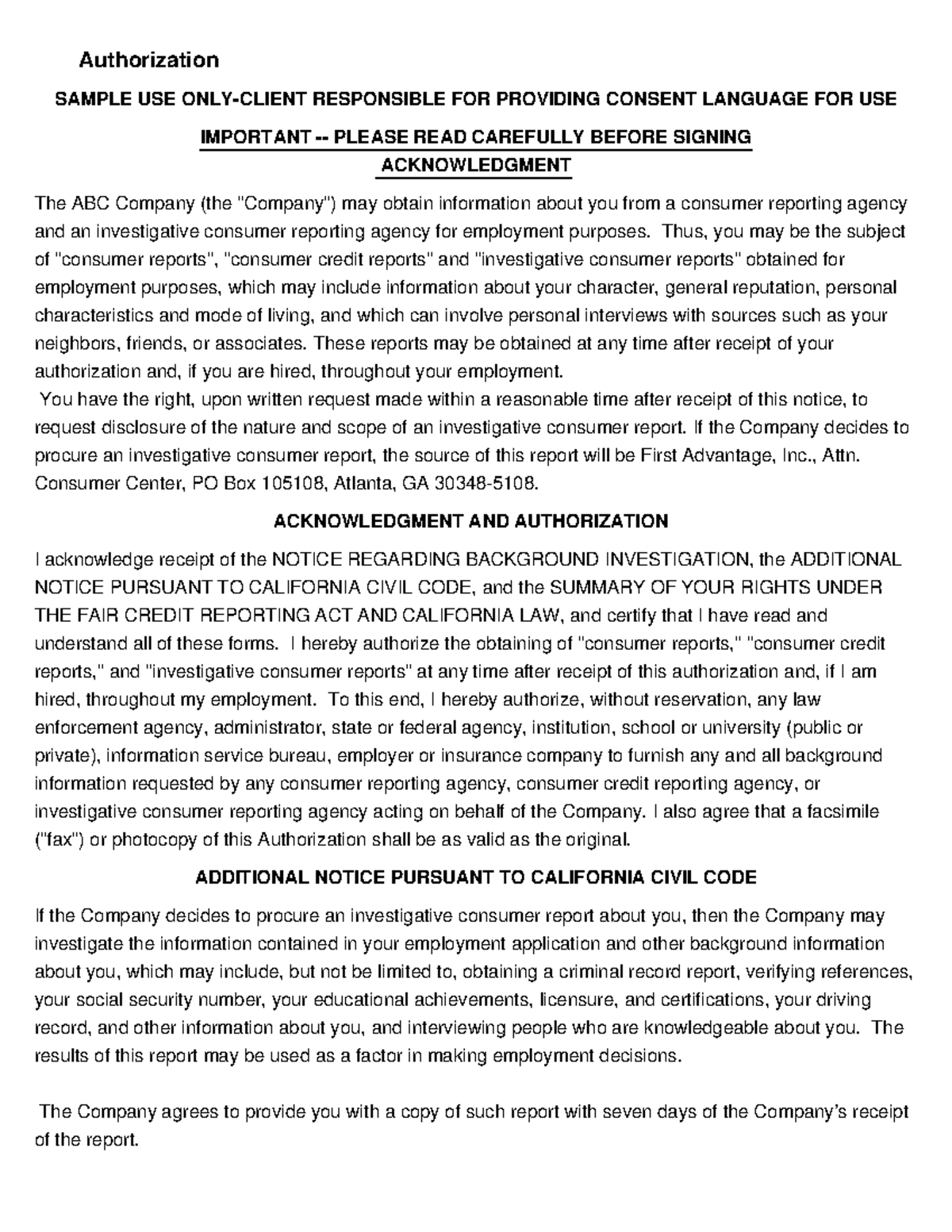 Consent - document - Authorization SAMPLE USE ONLY-CLIENT RESPONSIBLE ...