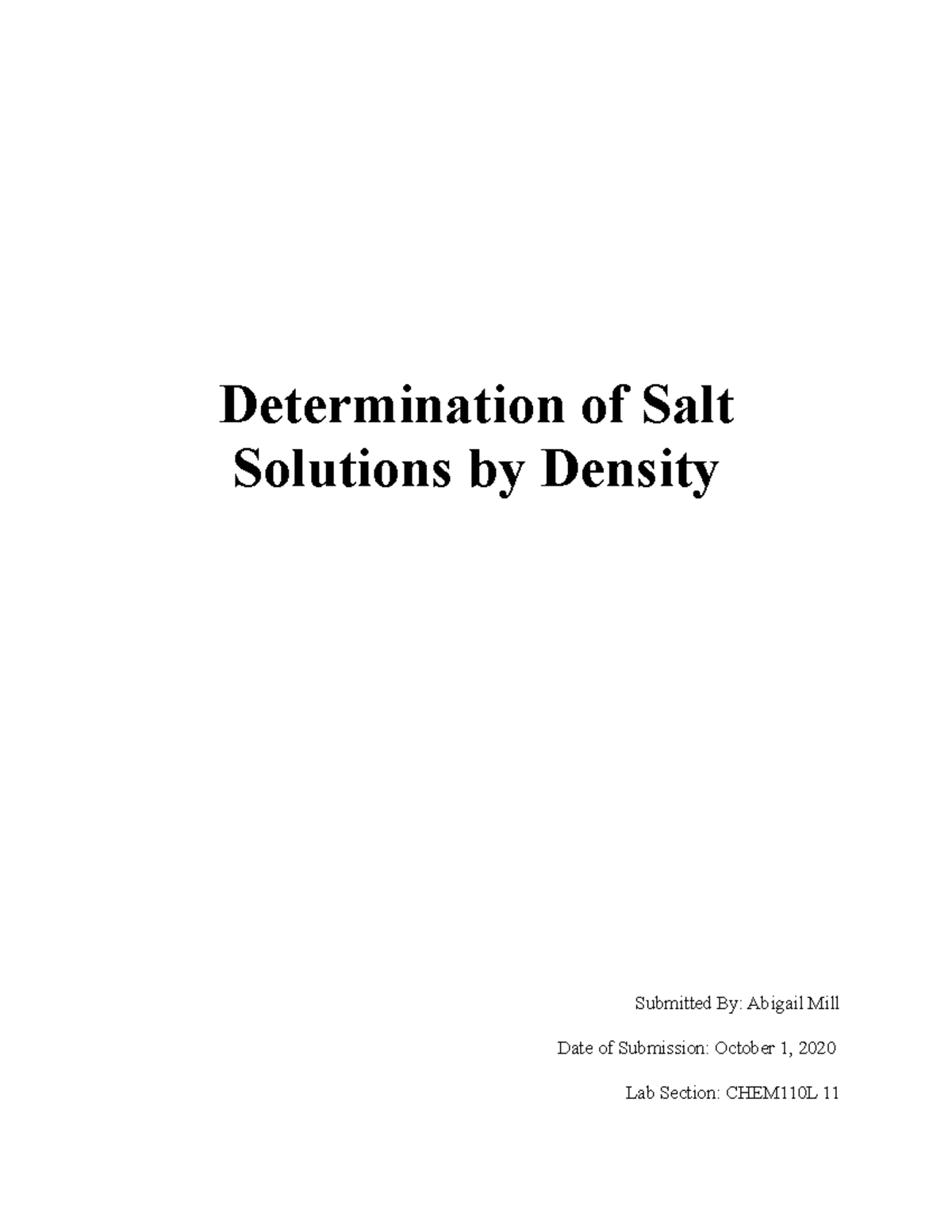 Chemistry Lab #4 - Determination of Salt Solutions by Density Submitted ...