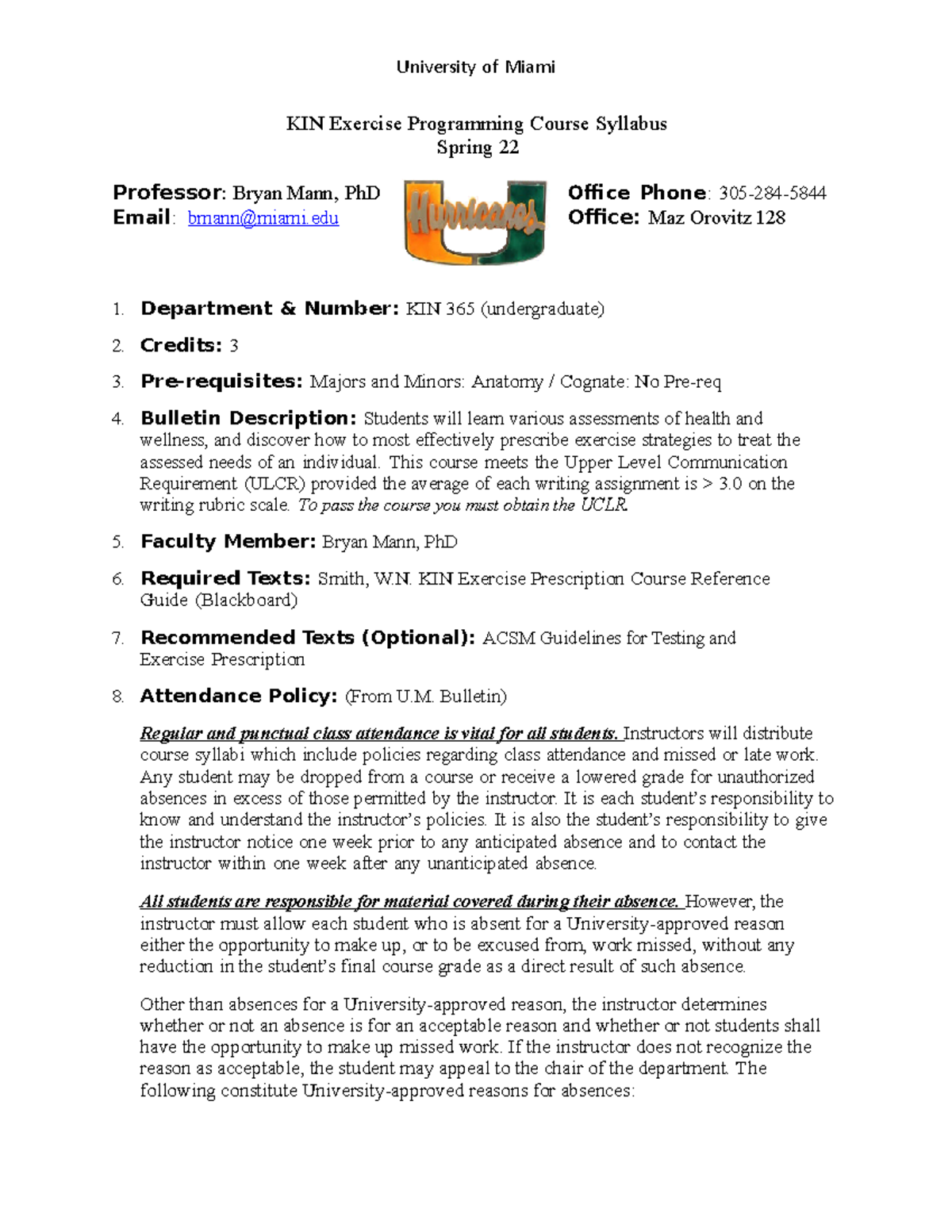 KIN 365 Syllabus Spring 2023 - KIN Exercise Programming Course Syllabus ...